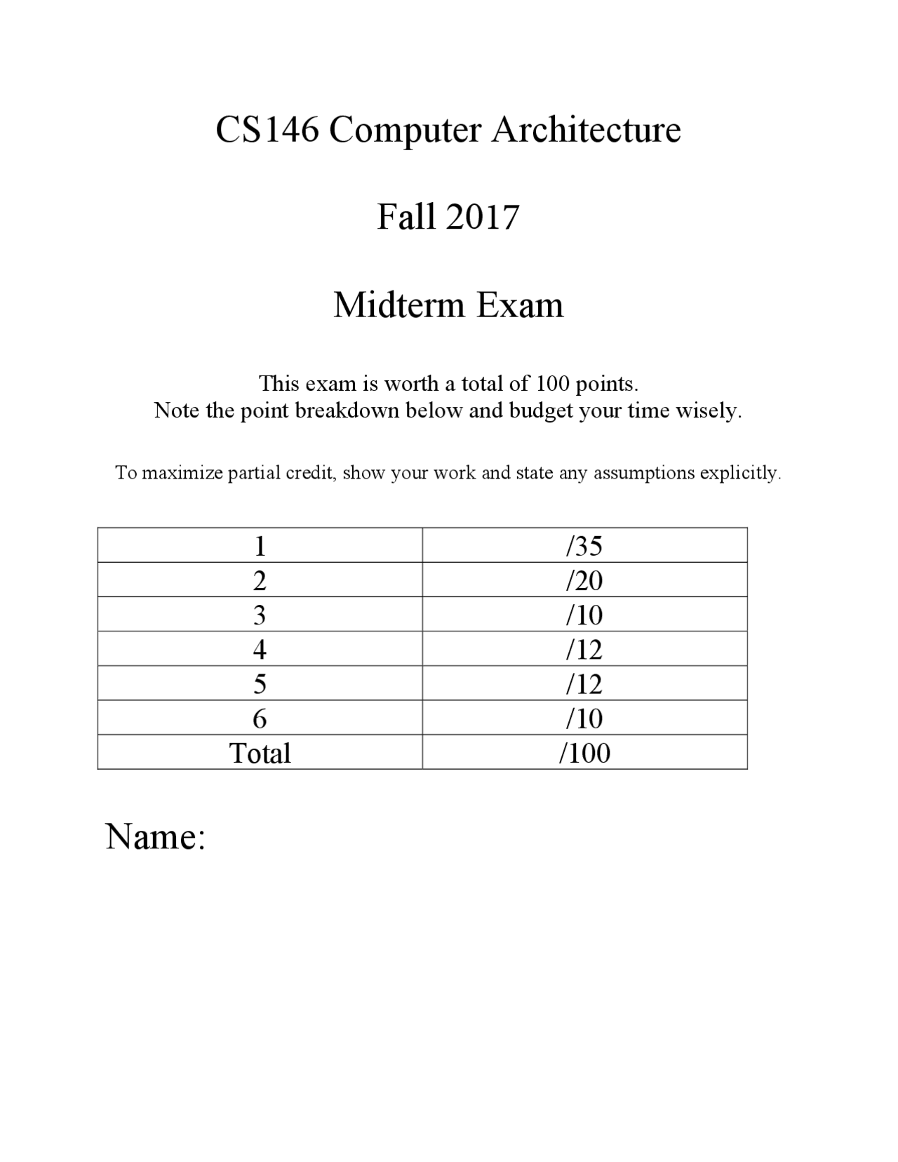 Cs146 Midterm Exam Exams Computer Architecture And Organization Docsity