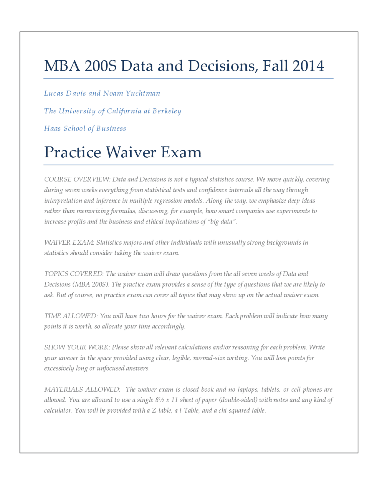 Practice Waiver Exam for MBA 200S Data and Decisions | Exams Surgical ...