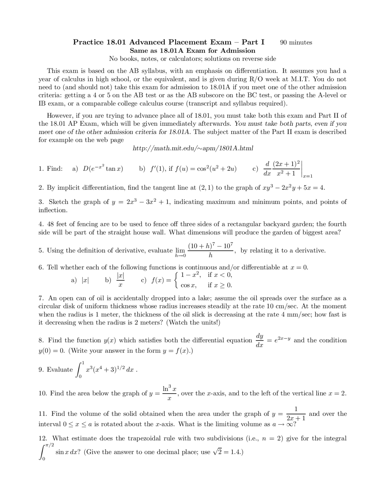 Practice 18.01 Advanced Placement Exam – Part I | Slides Calculus | Docsity