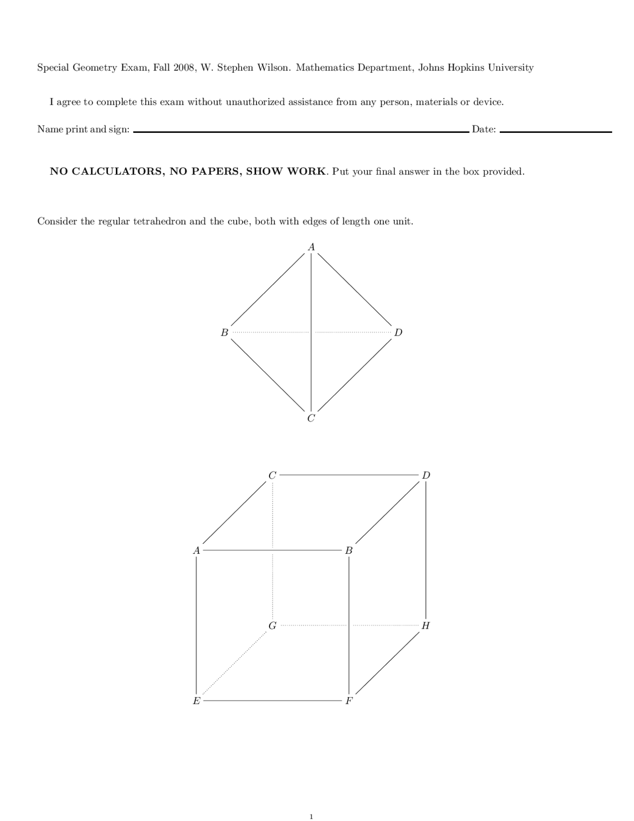 Special Geometry Exam, Fall 2008 | Exams Geometry | Docsity