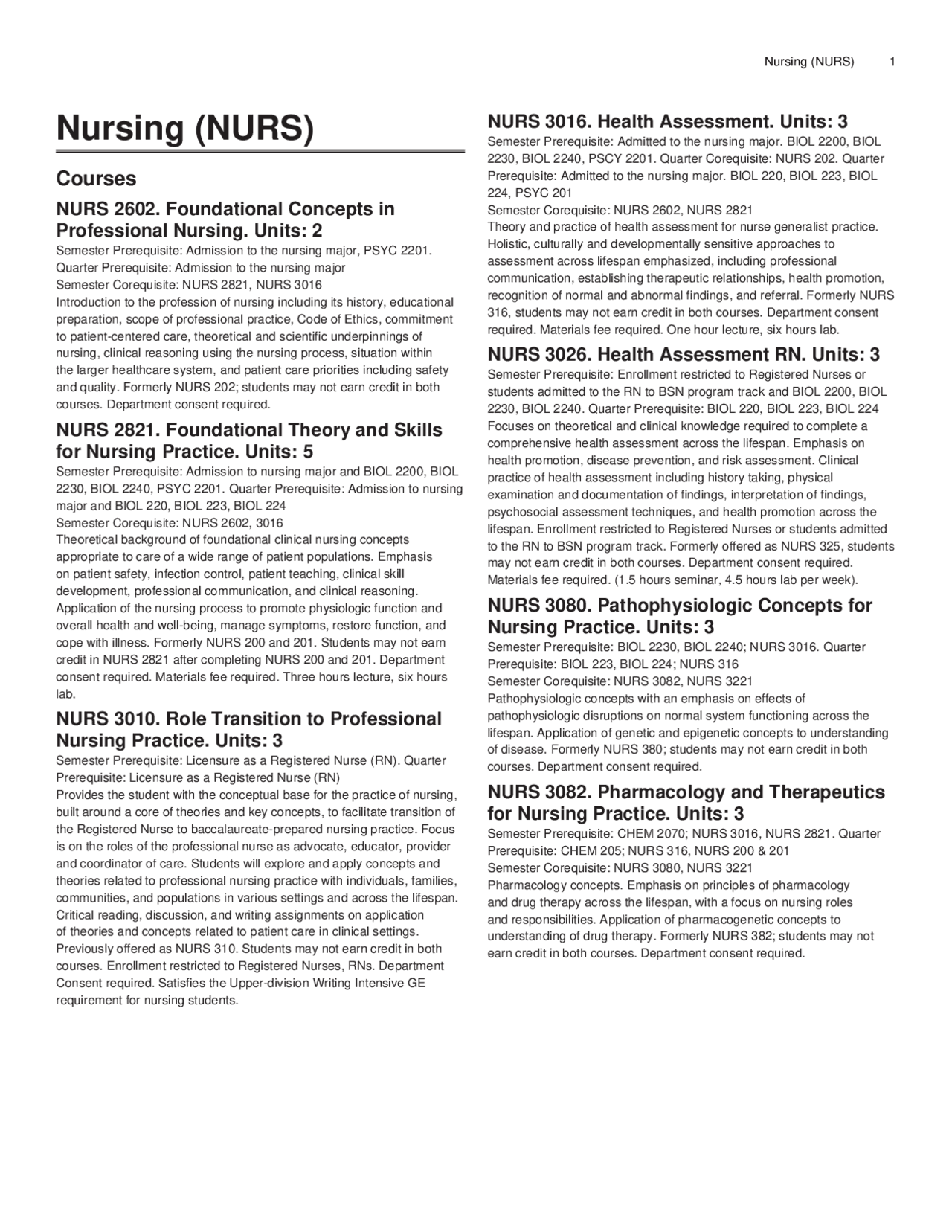 Nursing (NURS) Course Descriptions | Exercises Nursing | Docsity