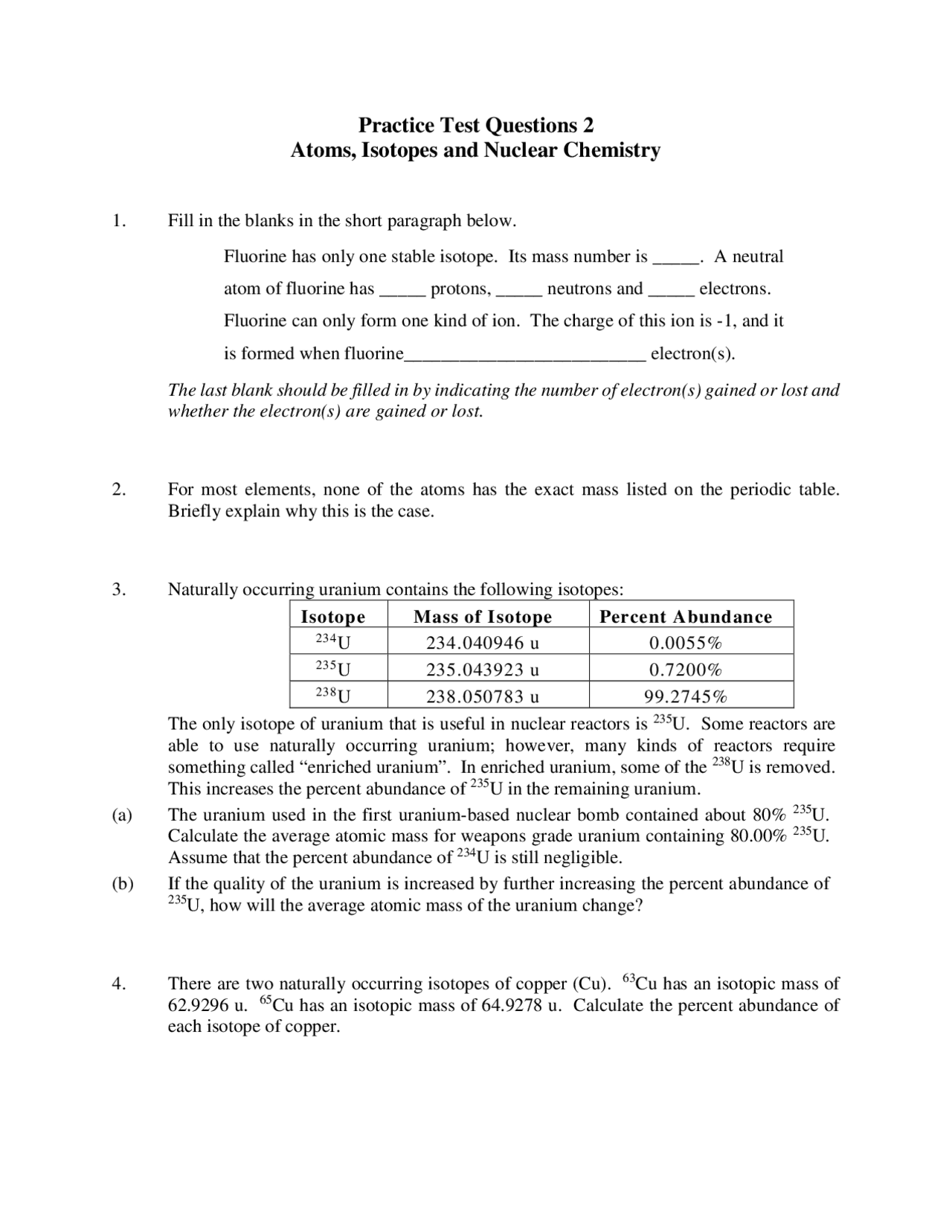 Practice Test Questions 2: Atoms, Isotopes and Nuclear Chemistry ...