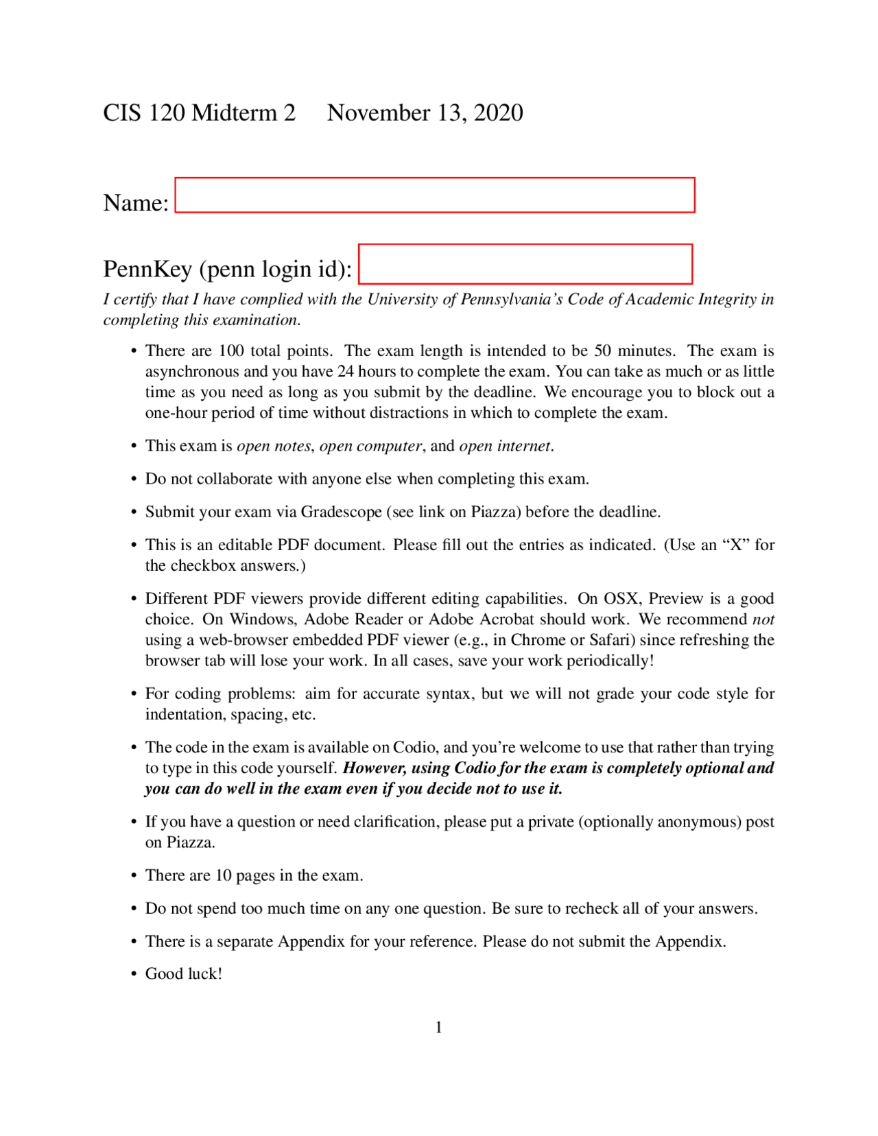 CIS 120 Midterm 2 November 13, 2020 Name | Exams Data Structures and ...