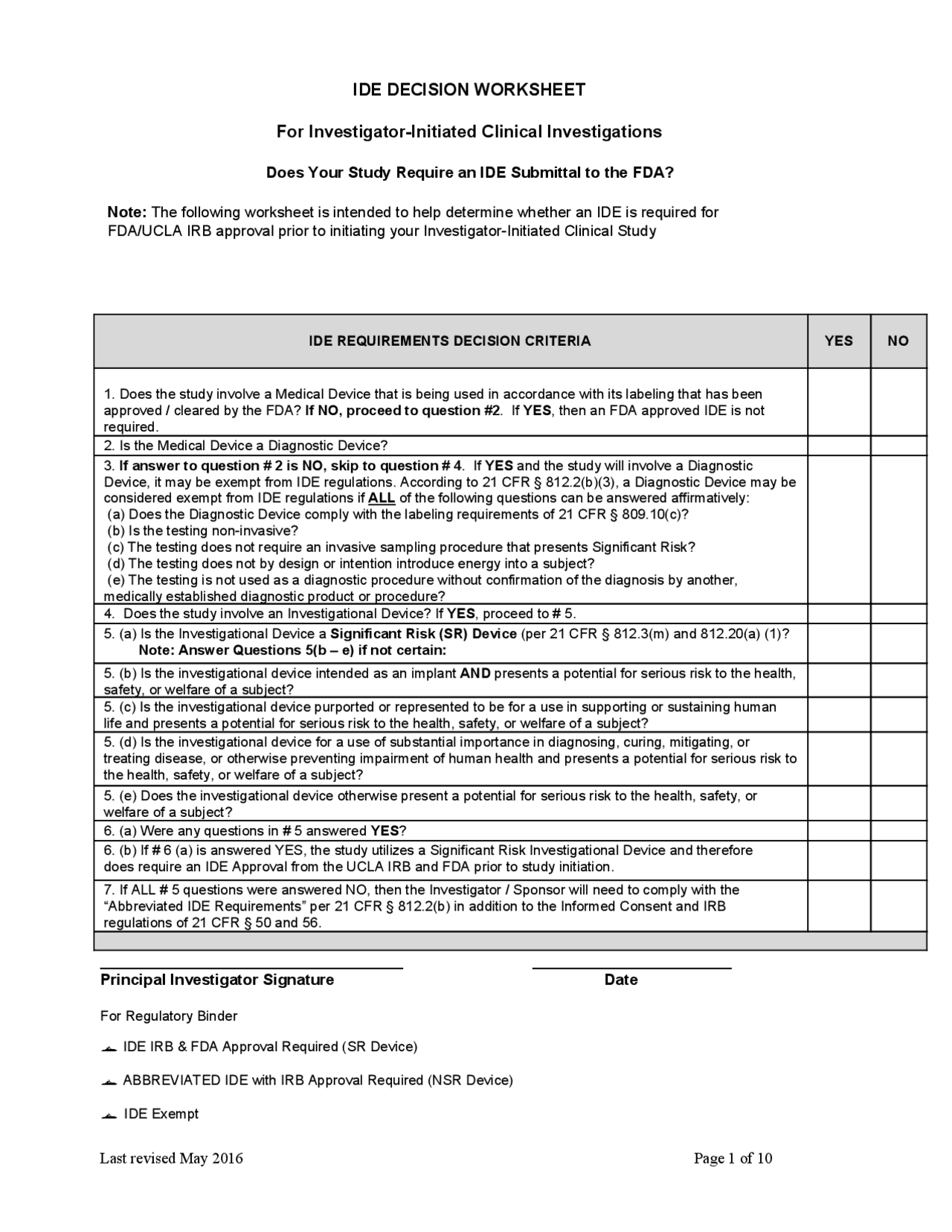 IDE DECISION WORKSHEET For InvestigatorInitiated Clinical ...