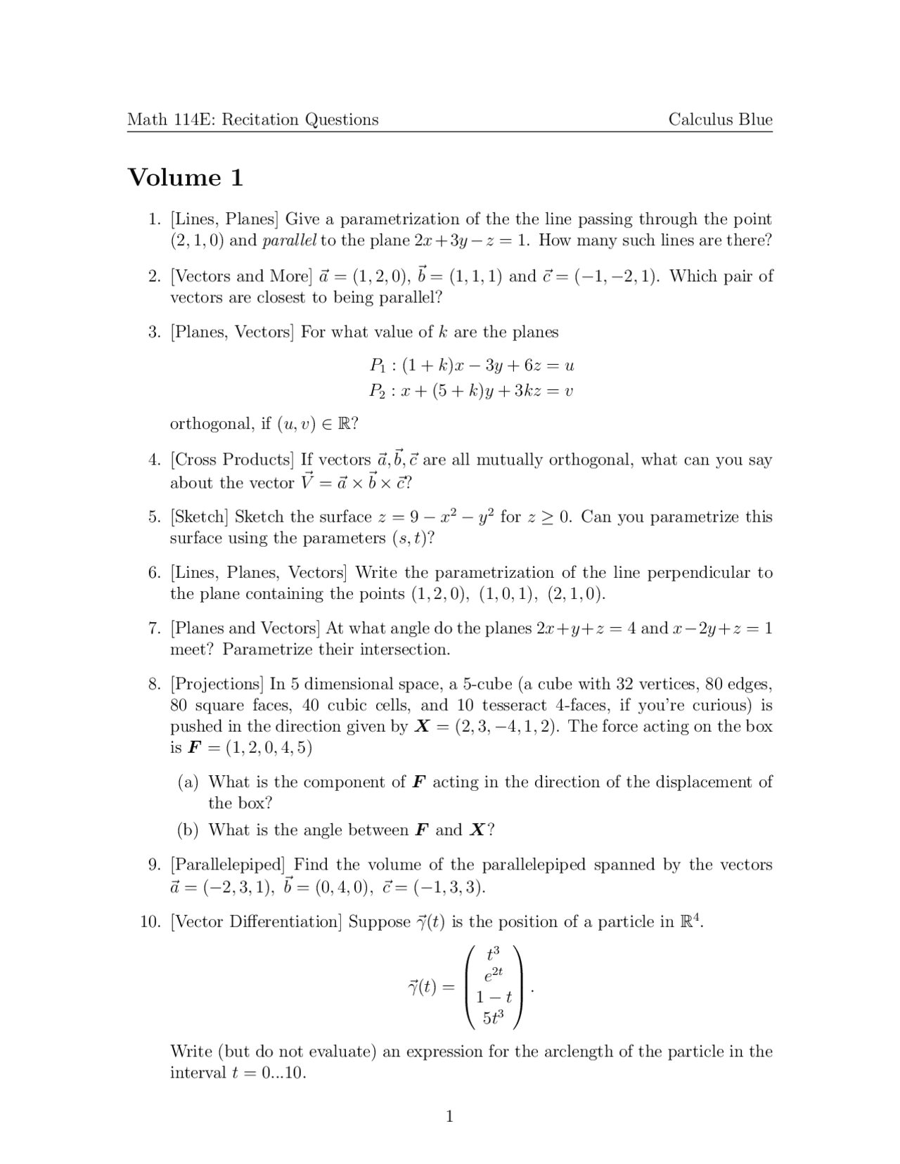 Math 114E: Recitation Questions Calculus Blue Volume 1 | Study notes ...