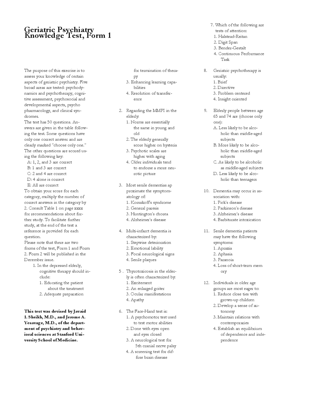 Geriatric Psychiatry Test on Attention and Cognitive Assessment | Exams ...