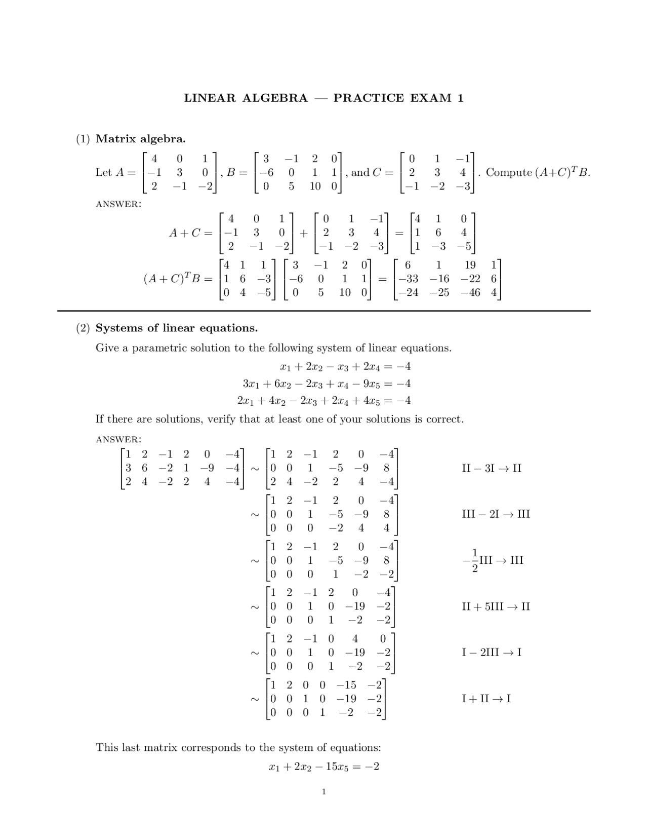 Linear Algebra Practice Exam 1 Exams Linear Algebra Docsity