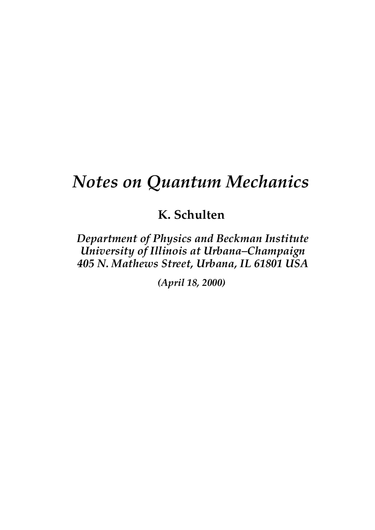 Notes on Quantum Mechanics | Study notes Quantum Mechanics | Docsity