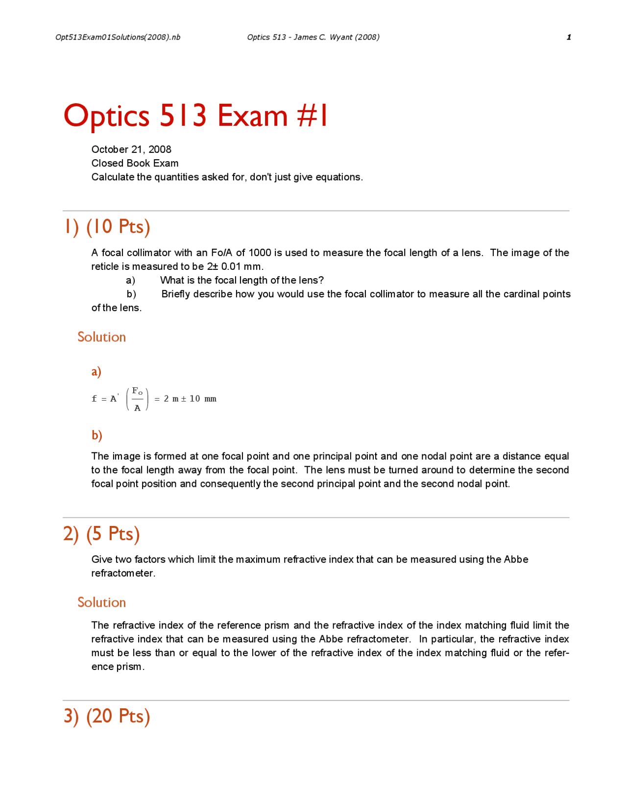 Optics 513 Exam #1 | Lecture notes Optics | Docsity