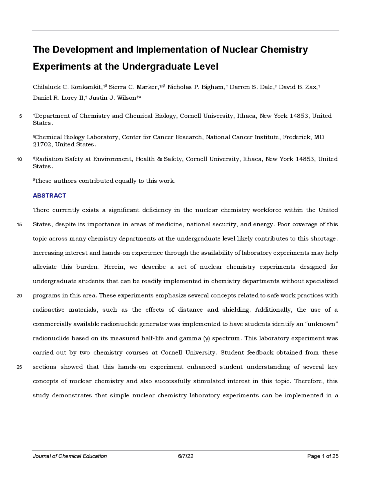 Development and Implementation of Nuclear Chemistry Experiments at the ...