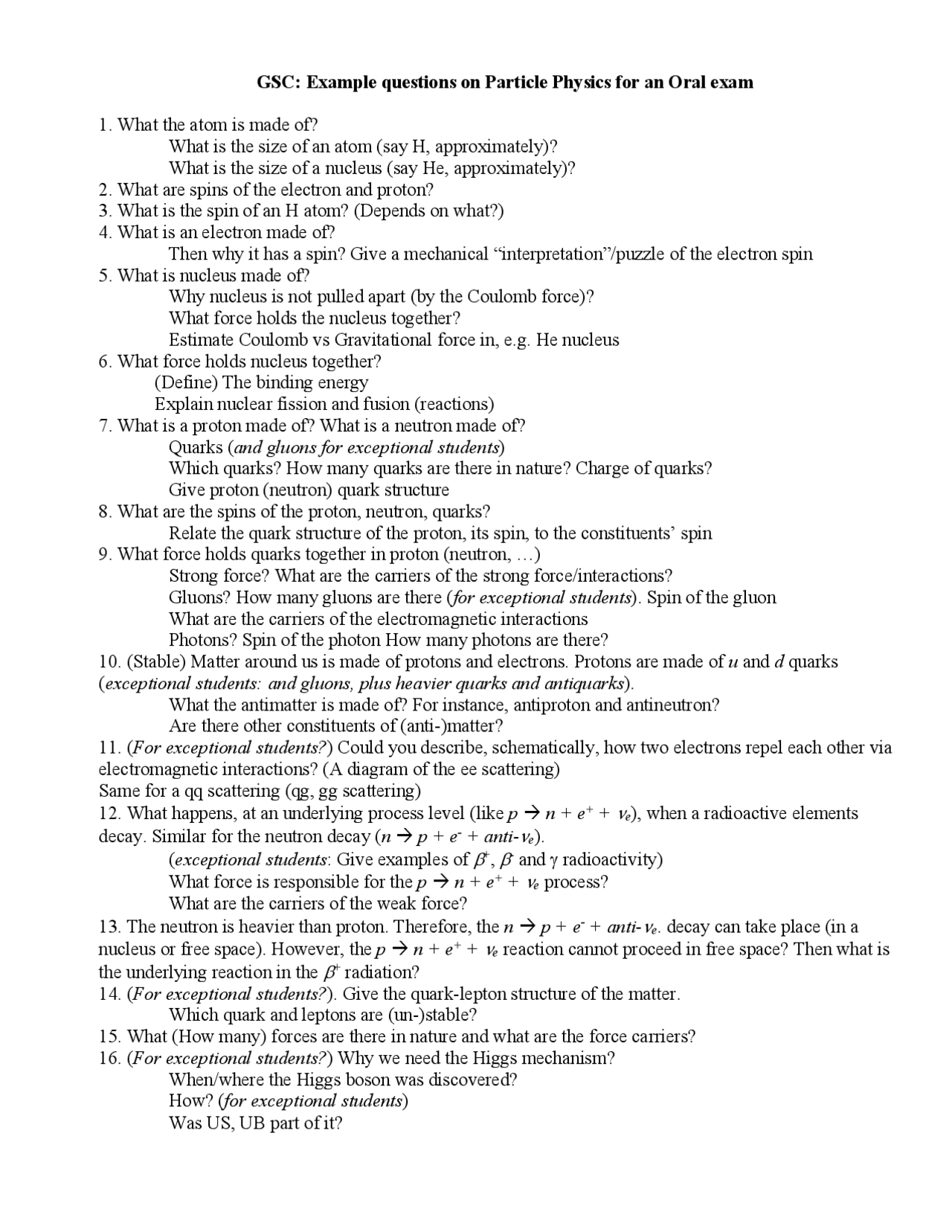 Gsc Example Questions On Particle Physics For An Oral Exam Exams Particle Physics Docsity