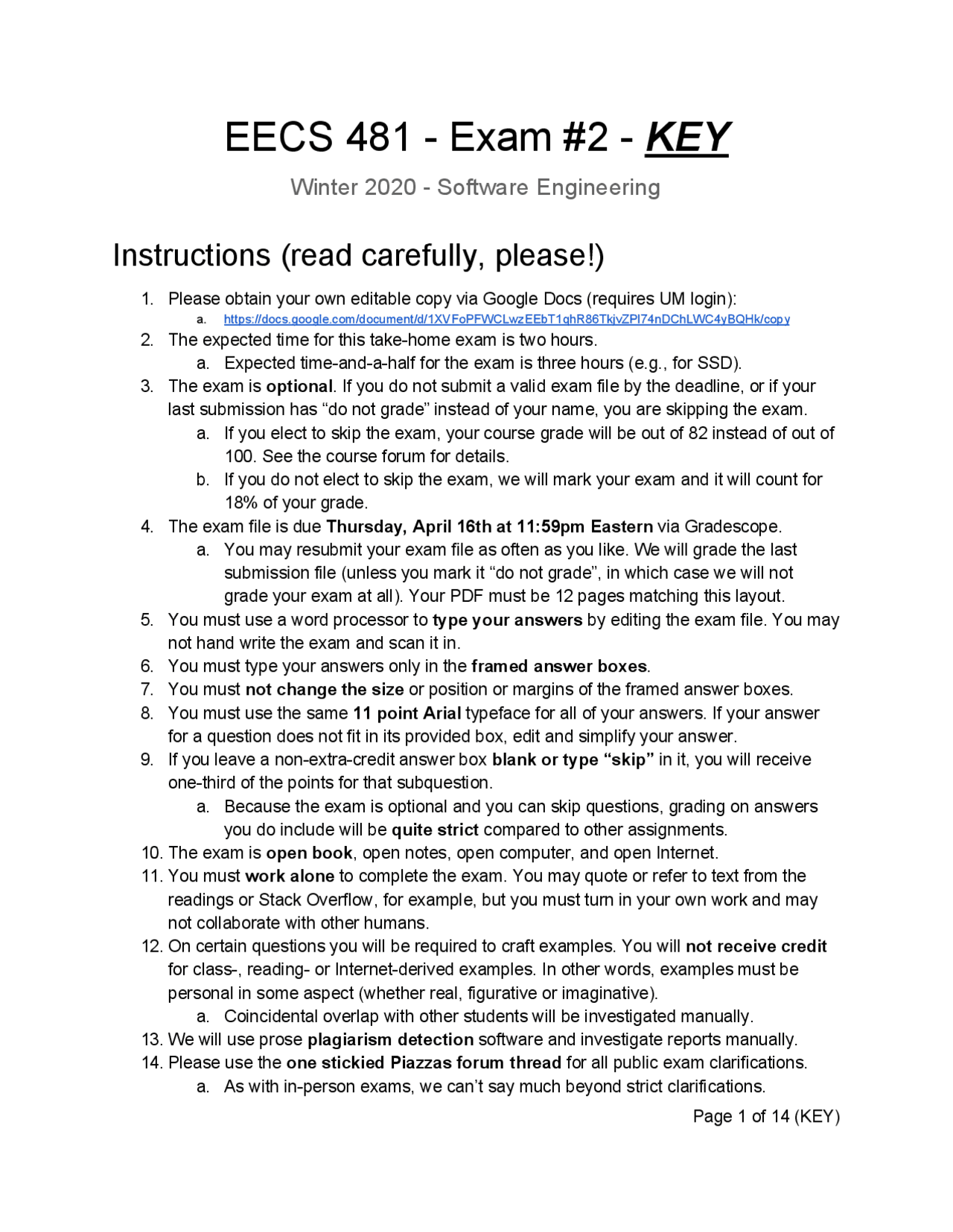 EECS 481 Exam #2 - KEY | Exams Software Engineering | Docsity