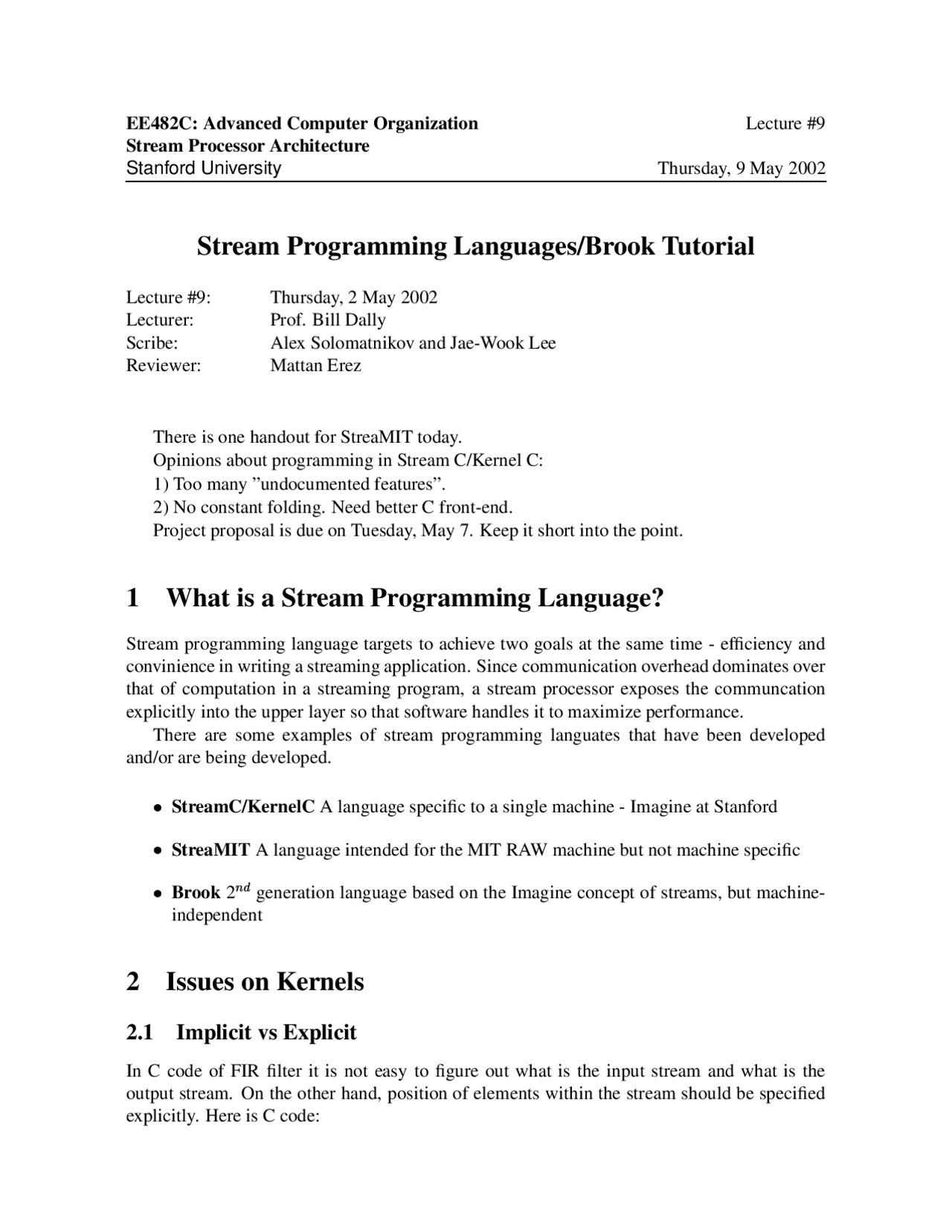 Stream Processor Architecture And Programming Languages Lecture Notes Programming Languages