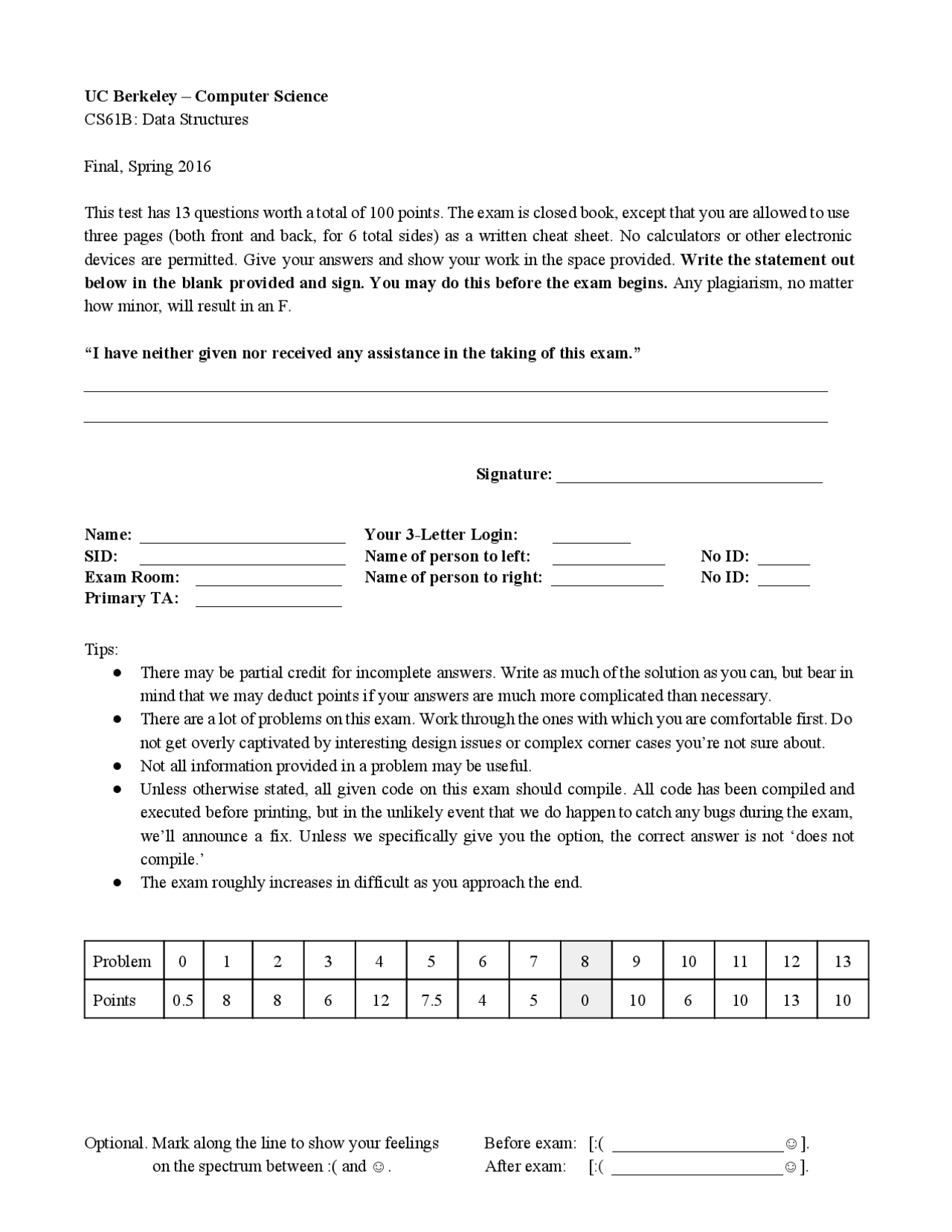 Cs61b Data Structures Final Exam Spring 2016 Exams Data Structures And Algorithms Docsity