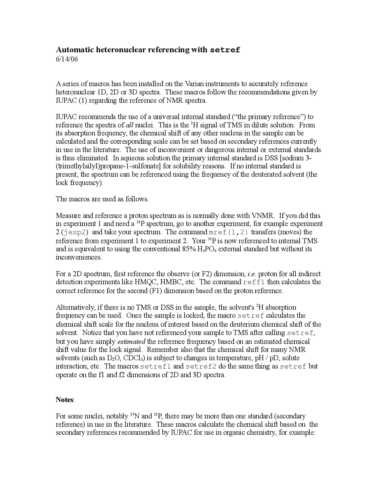 Automatic Heteronuclear Referencing With Setref Lecture Notes