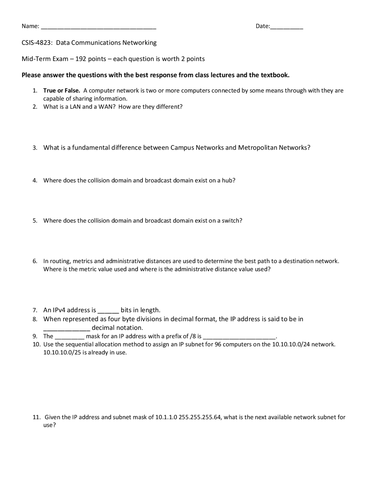 Csis 4823 Data Communications Networking Mid Term Exam Schemes And Mind Maps Data