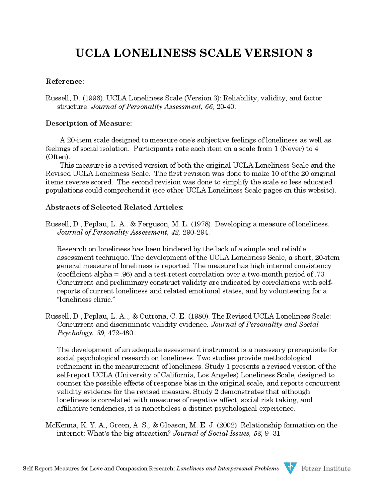UCLA Loneliness Scale Version 3 | Study notes Data Structures and ...