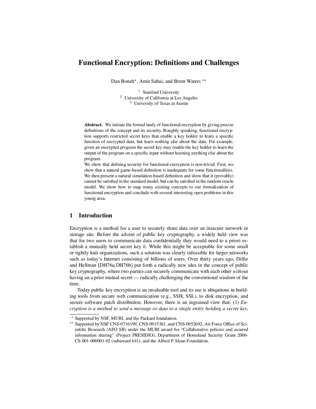 Functional Encryption Definitions And Challenges Lecture Notes