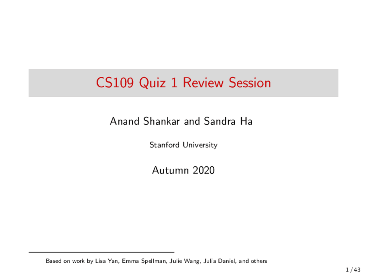 CS109 Quiz 1 Review Session | Summaries Geometry | Docsity