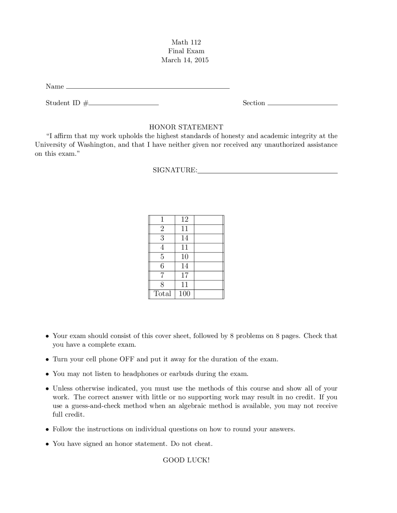 Math 112 Final Exam Exams Algebra Docsity