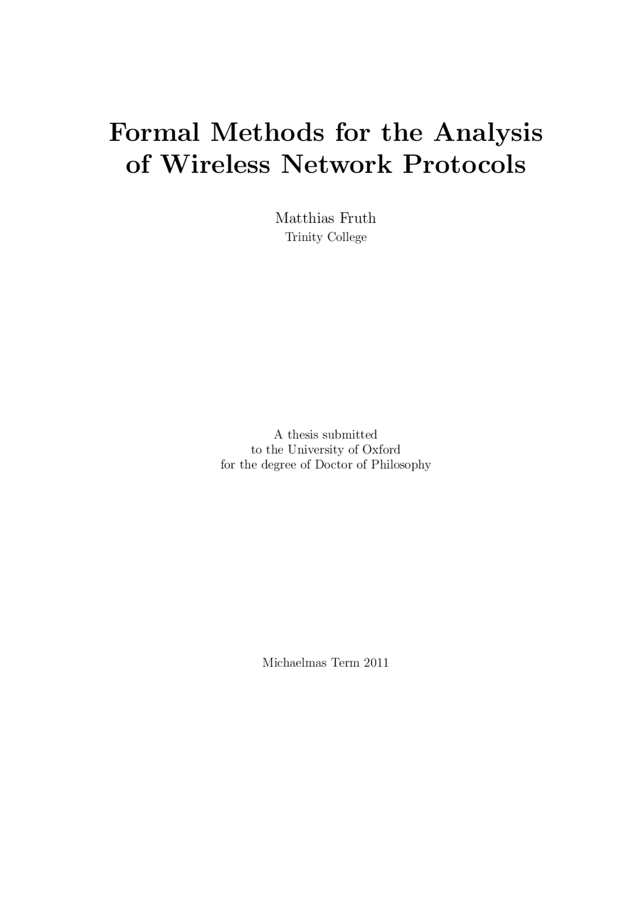 Formal Methods for the Analysis of Wireless Network Protocols | Thesis Wireless Networking | Docsity