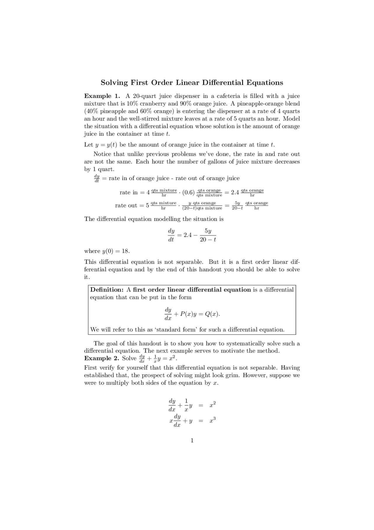 Solving First Order Linear Differential Equations Lecture Notes