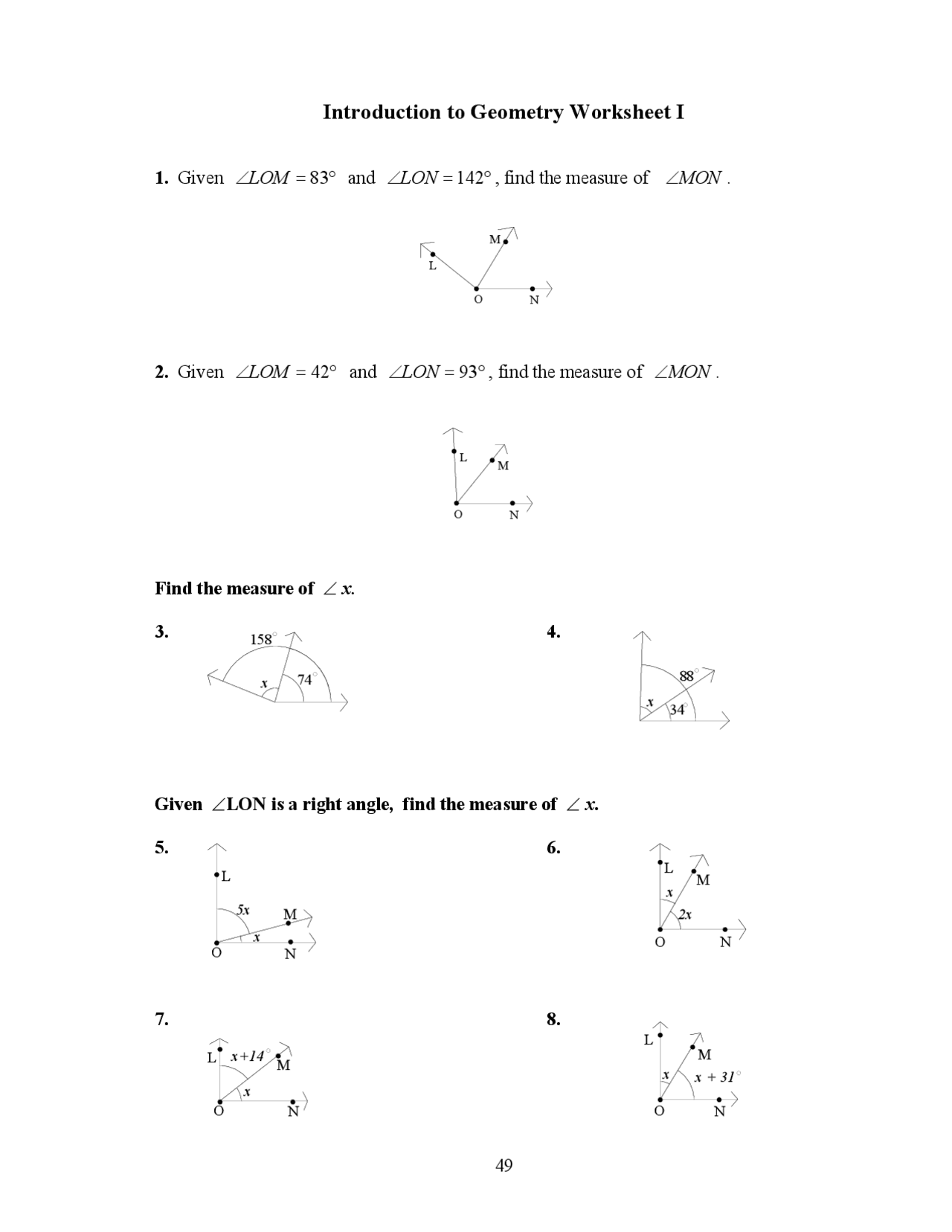 Introduction to Geometry Worksheet I | Exercises Geometry | Docsity