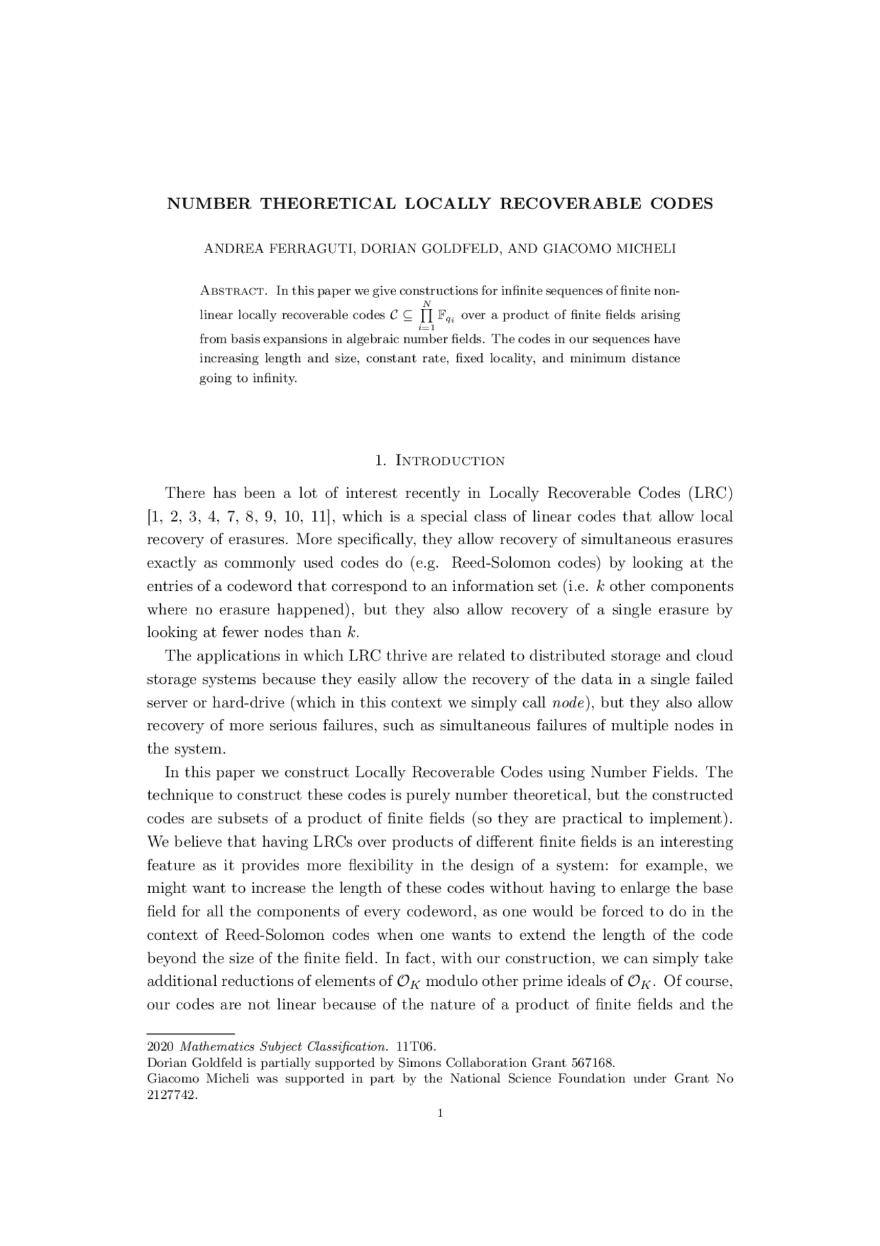 Number Theoretical Locally Recoverable Codes | Study notes Number ...