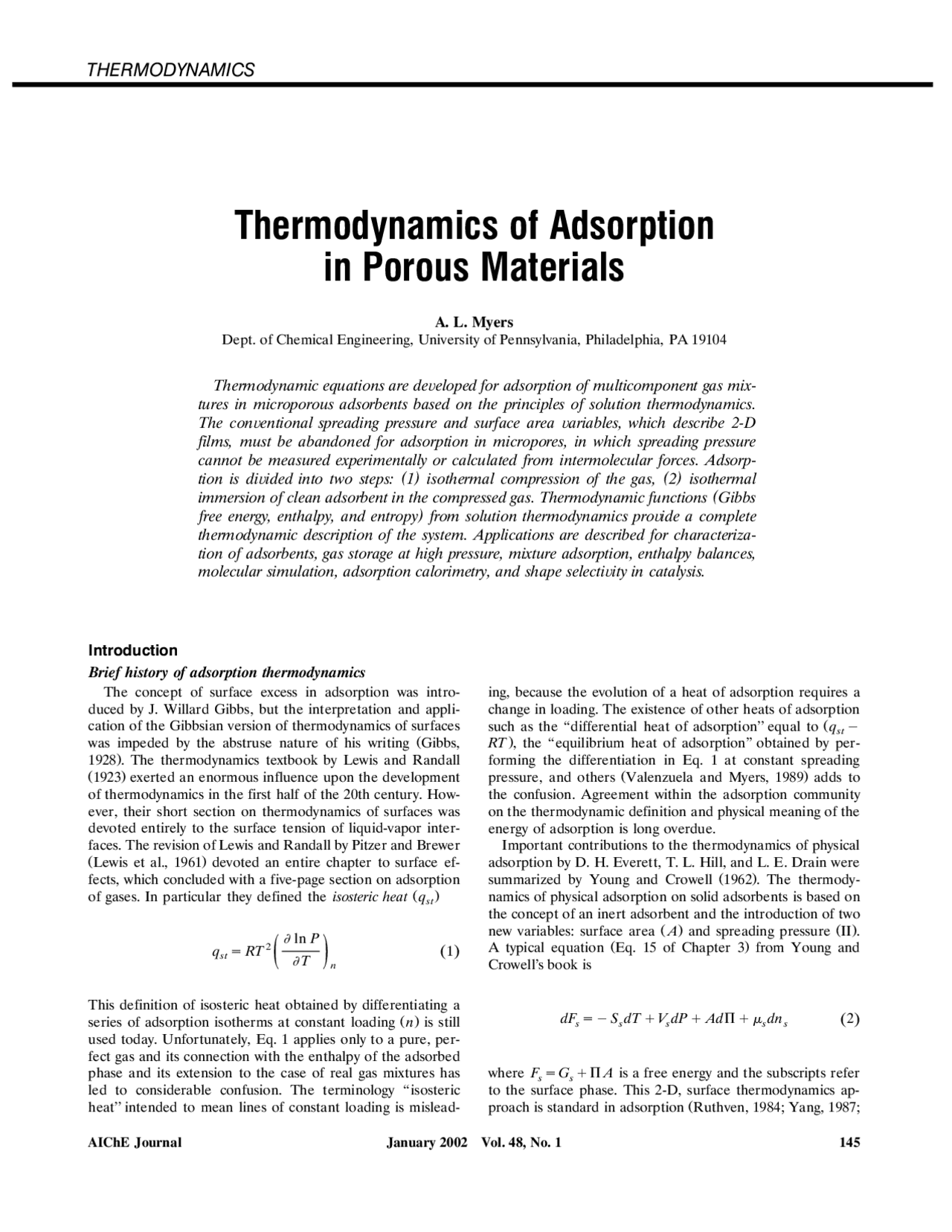 Thermodynamics Of Adsorption In Porous Materials Lecture Notes