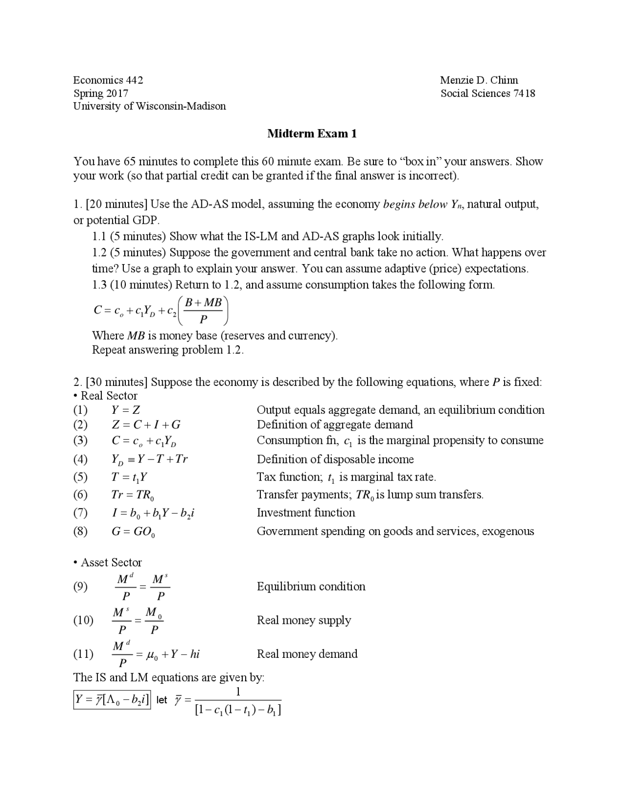 Economics 442 Midterm Exam 1 | Exams Lease Finance and Investment ...