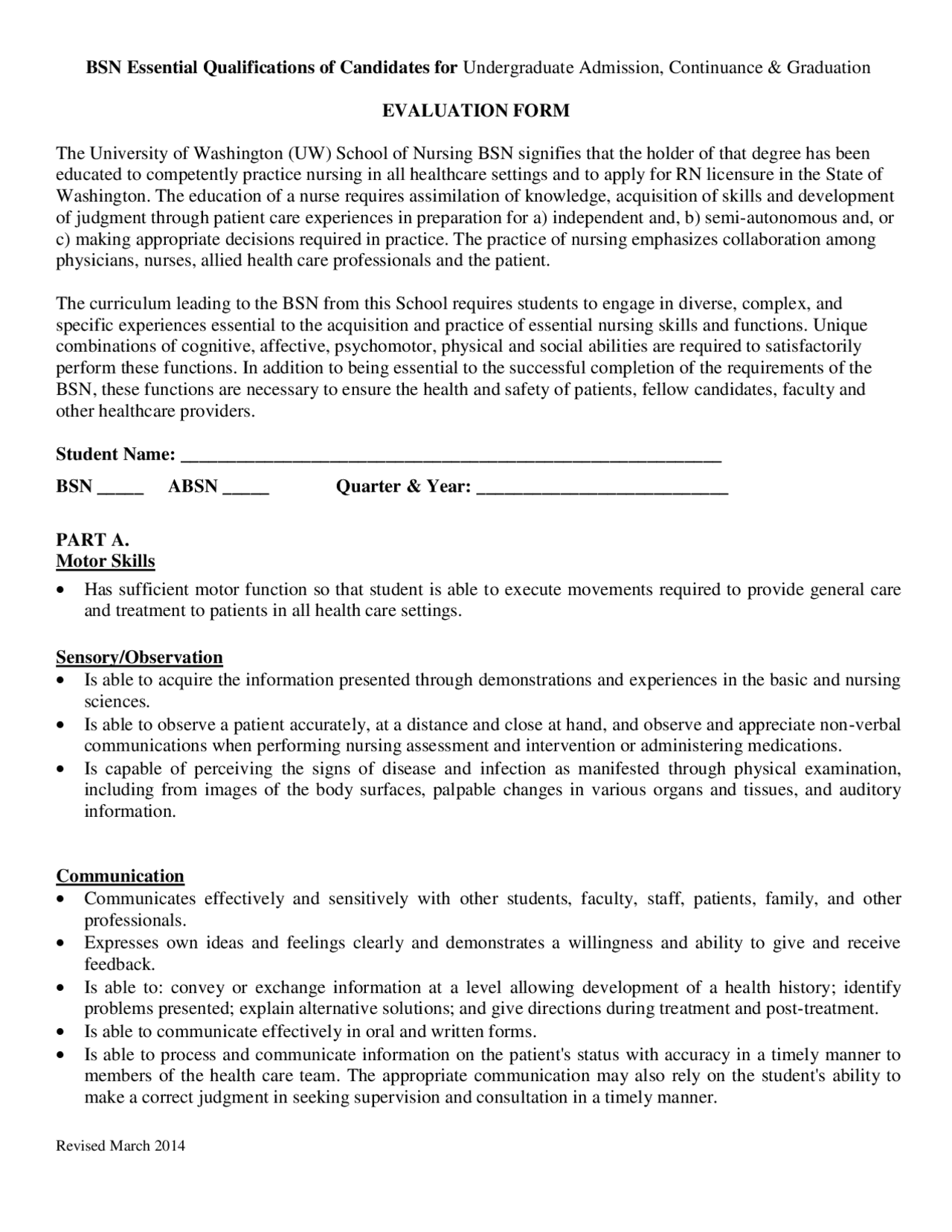 BSN Essential Qualifications of Candidates for Undergraduate Admission ...