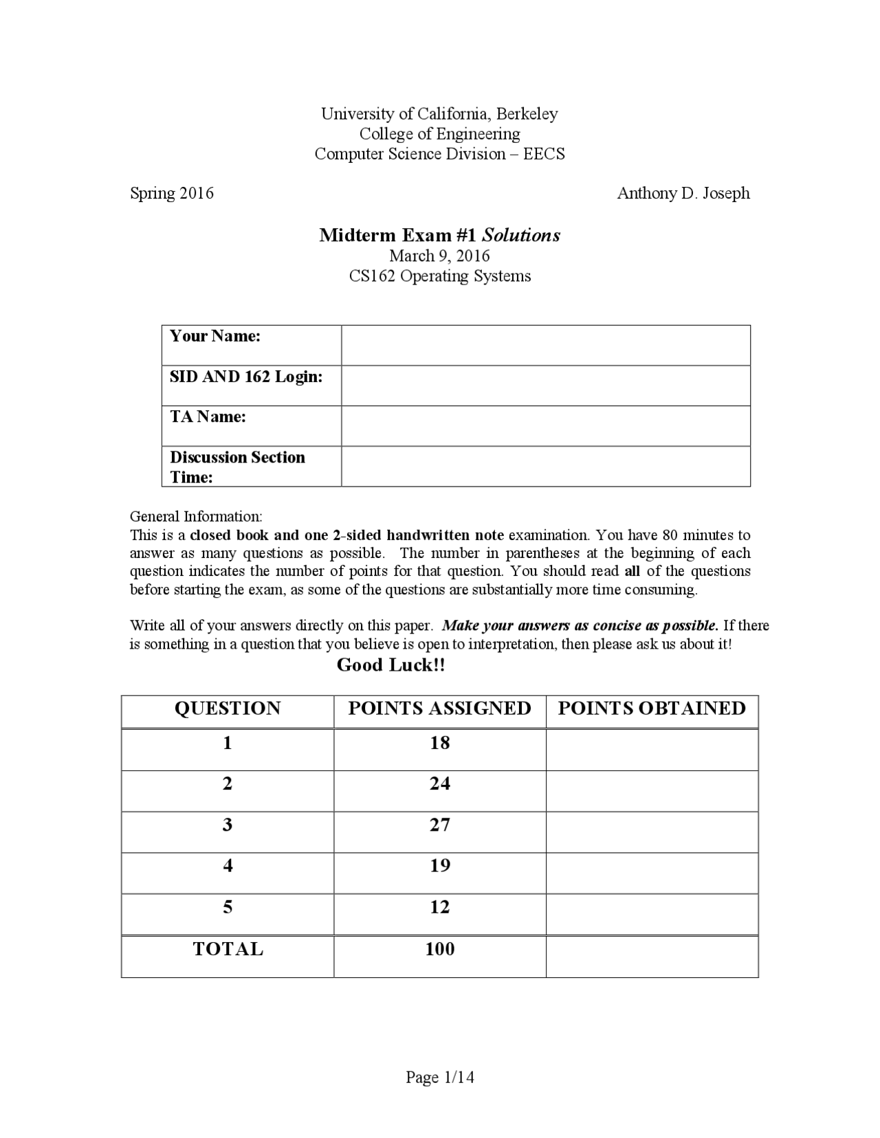 Midterm Exam #1 Solutions Good Luck!! QUESTION POINTS ... | Exams Operating Systems | Docsity