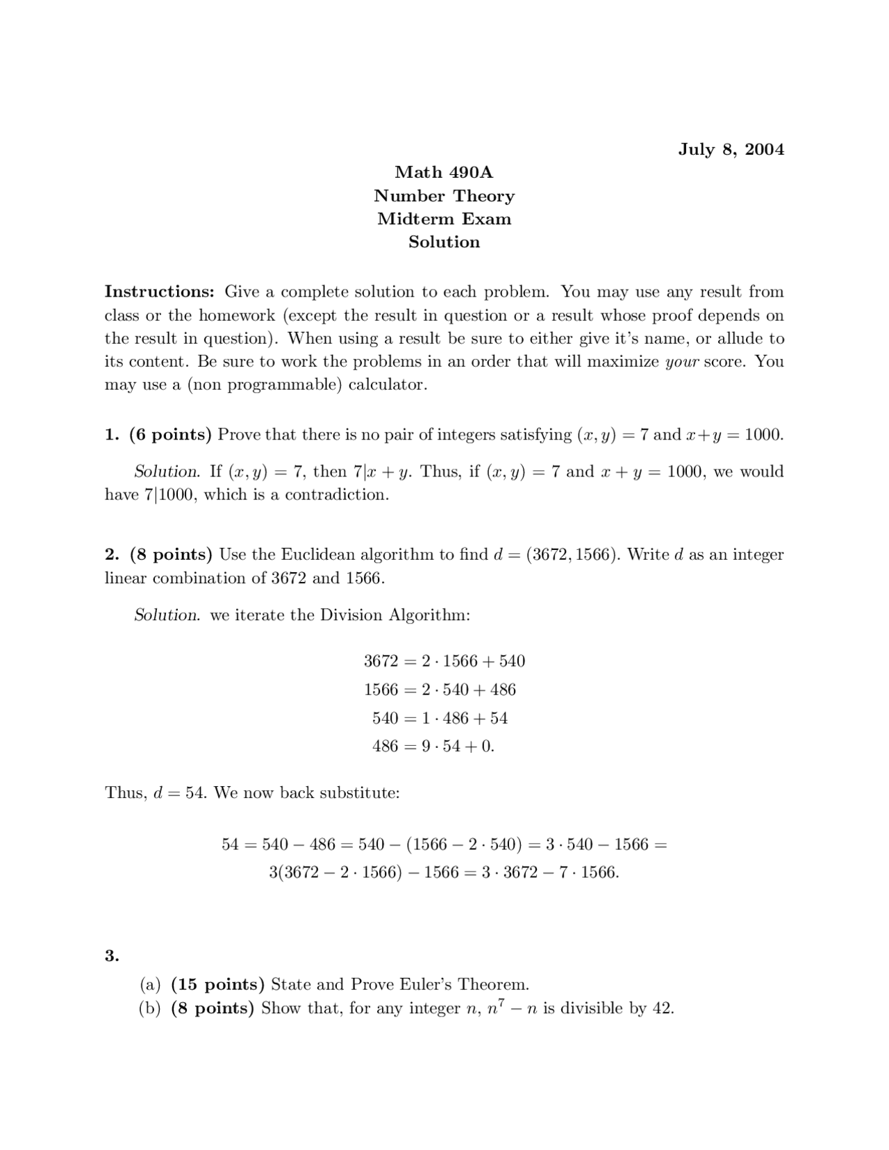 Math 490A Number Theory Midterm Exam Solution | Summaries Number Theory | Docsity