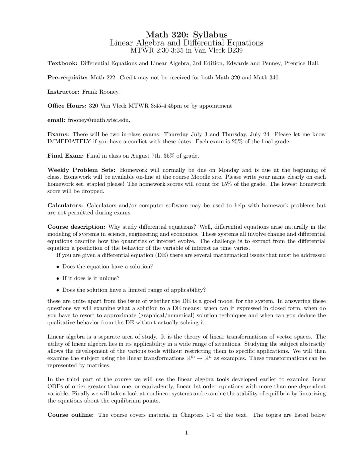 Math 320: Syllabus Linear Algebra and Differential Equations | Summaries Differential Equations ...