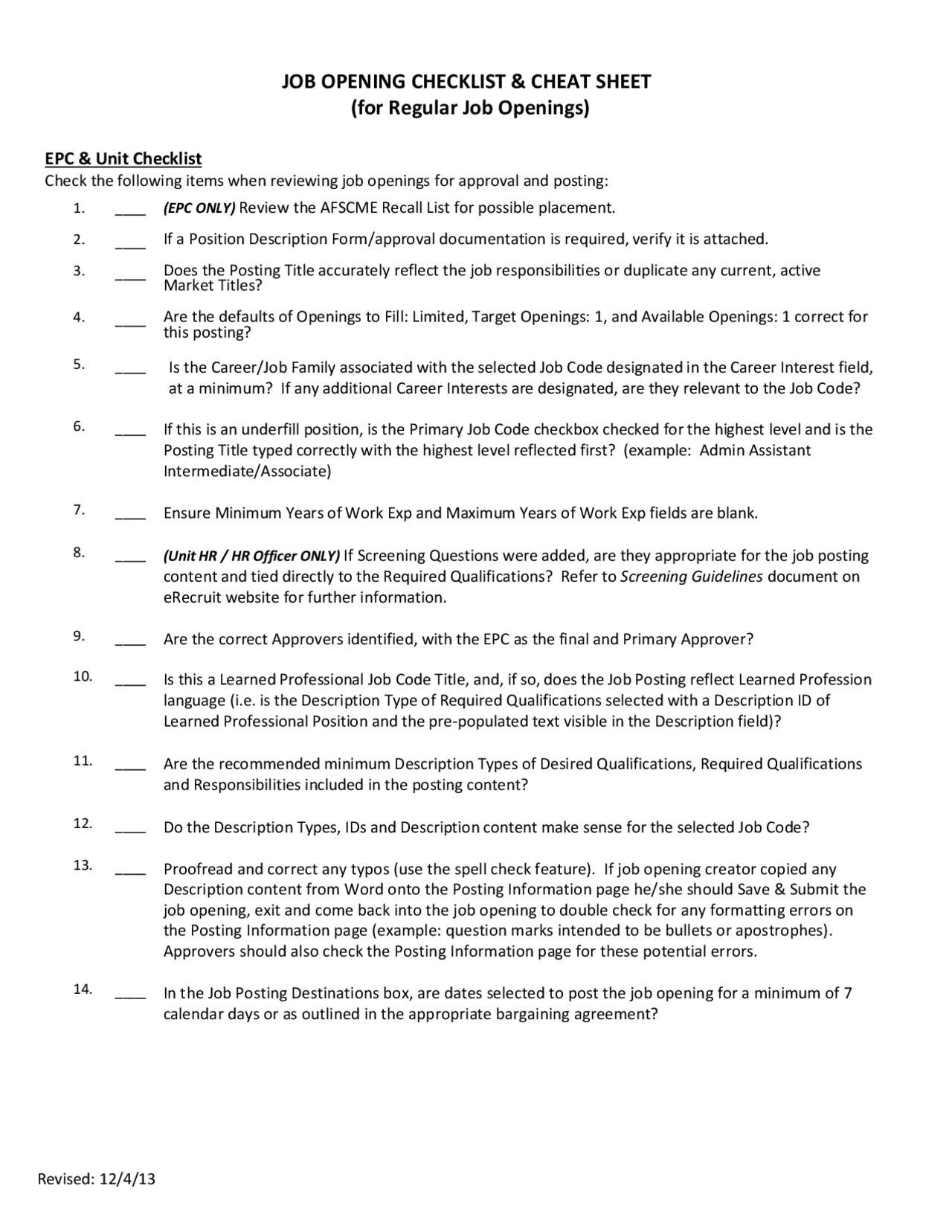 Job Opening Checklist & Cheat Sheet for Regular Job Openings ...