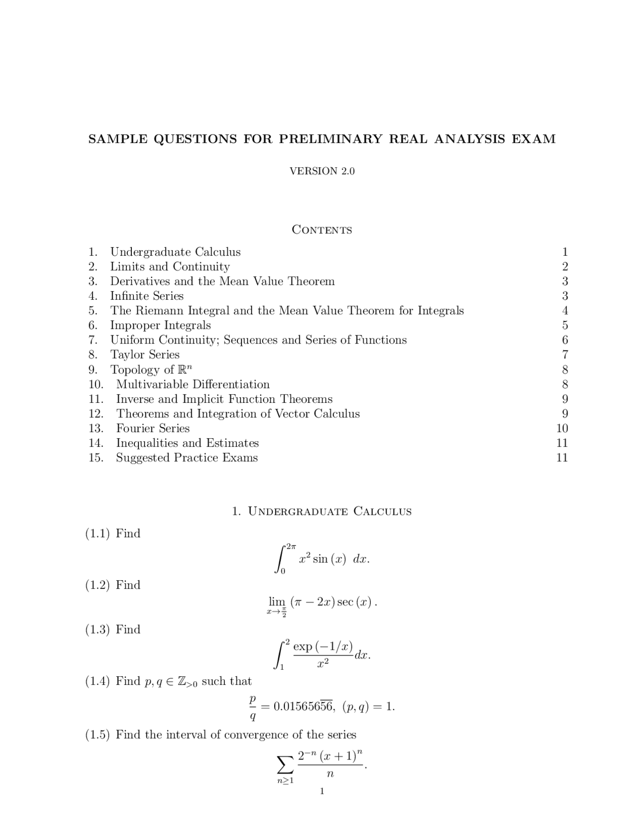 Sample Questions for Preliminary Real Analysis Exam | Exams Calculus | Docsity