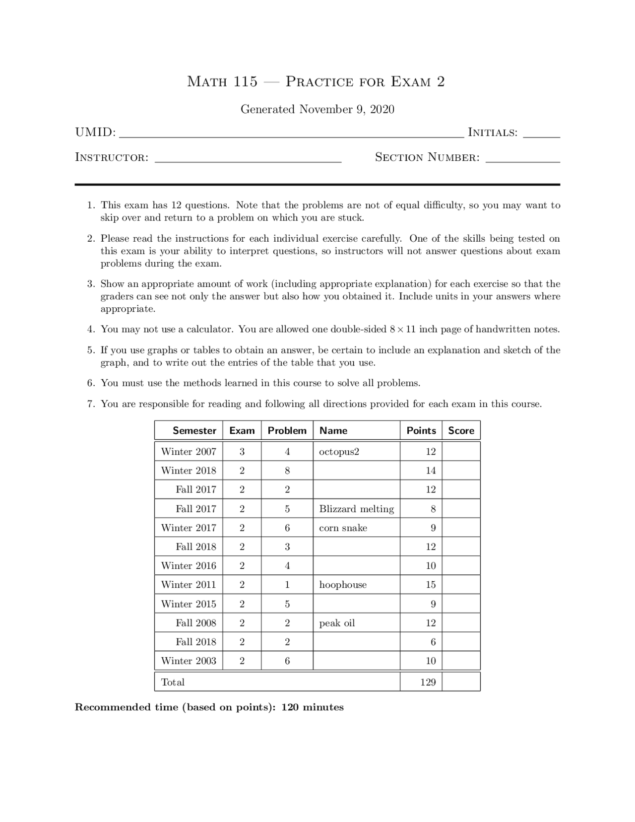 Math 115 — Practice For Exam 2 Exams Calculus Docsity