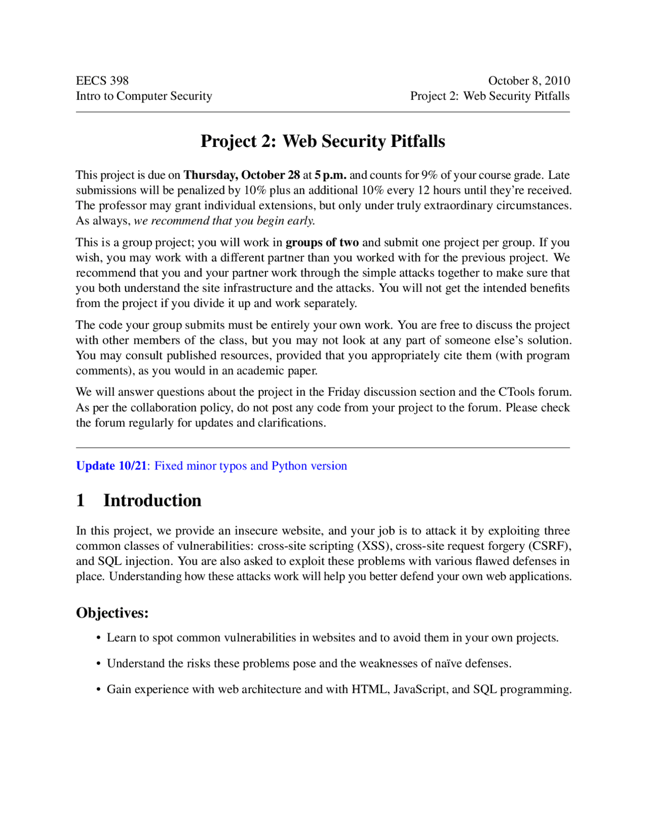 Project 2 Web Security Pitfalls Exercises Computer Networks Docsity