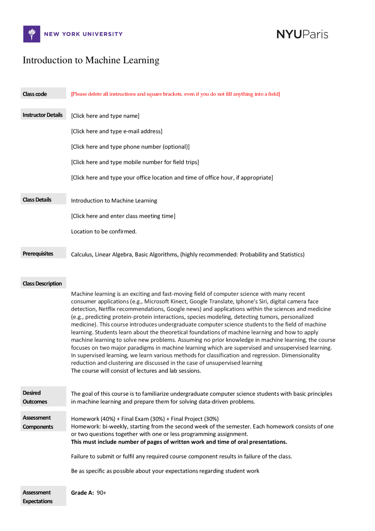Introduction To Machine Learning Course Lecture Notes Machine