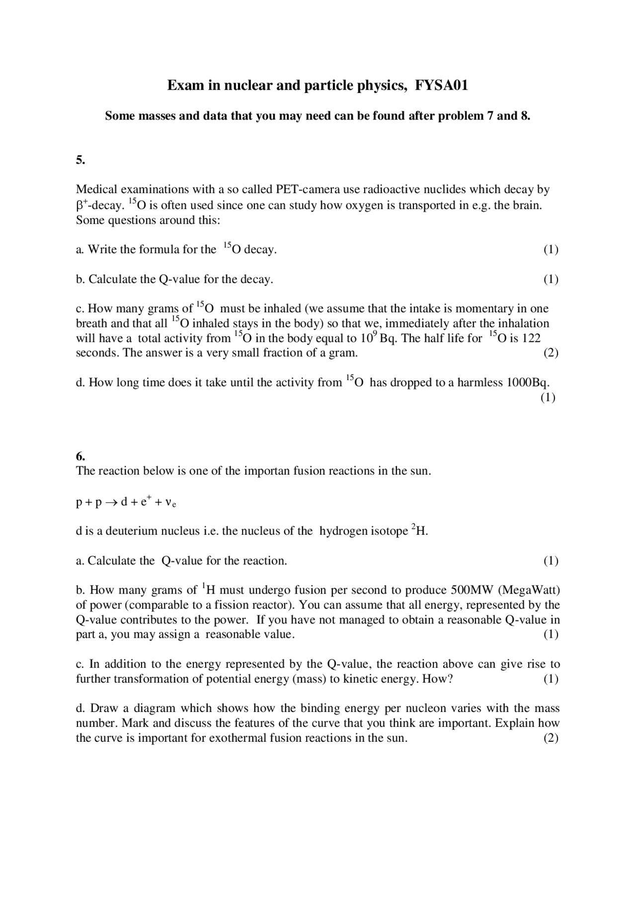 Exam in Nuclear and Particle Physics | Exams Nuclear Physics | Docsity