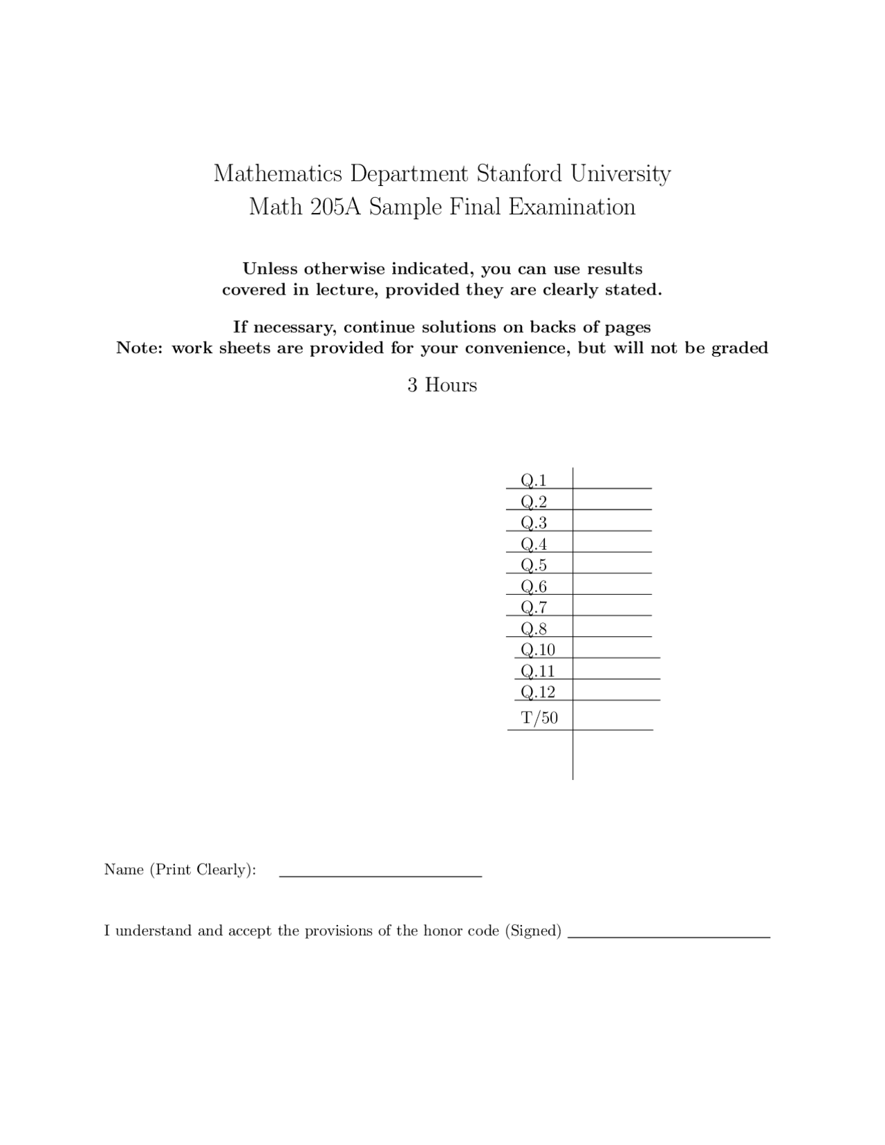 Math 205A Sample Final Examination | Exams Number Theory | Docsity