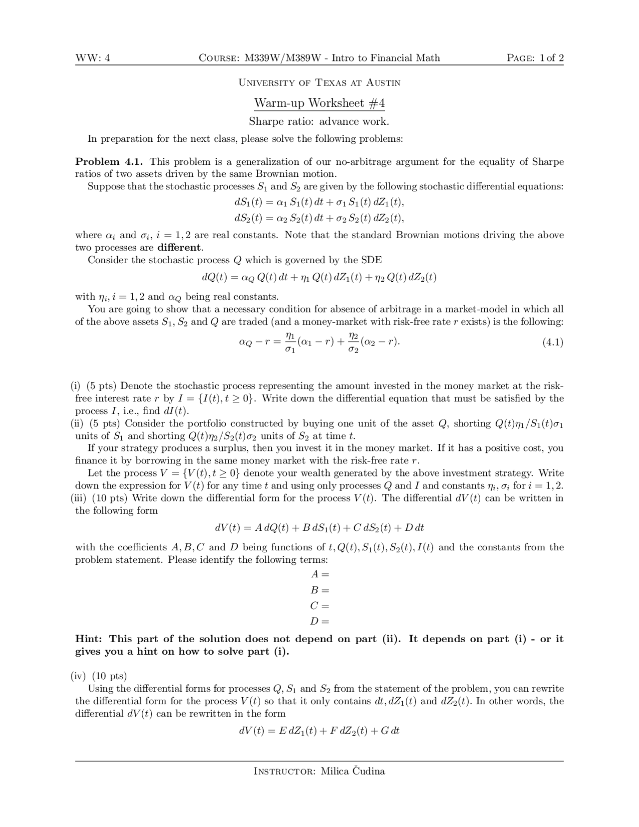 Intro to Financial Math - Sharpe Ratio | Study notes Algebra | Docsity