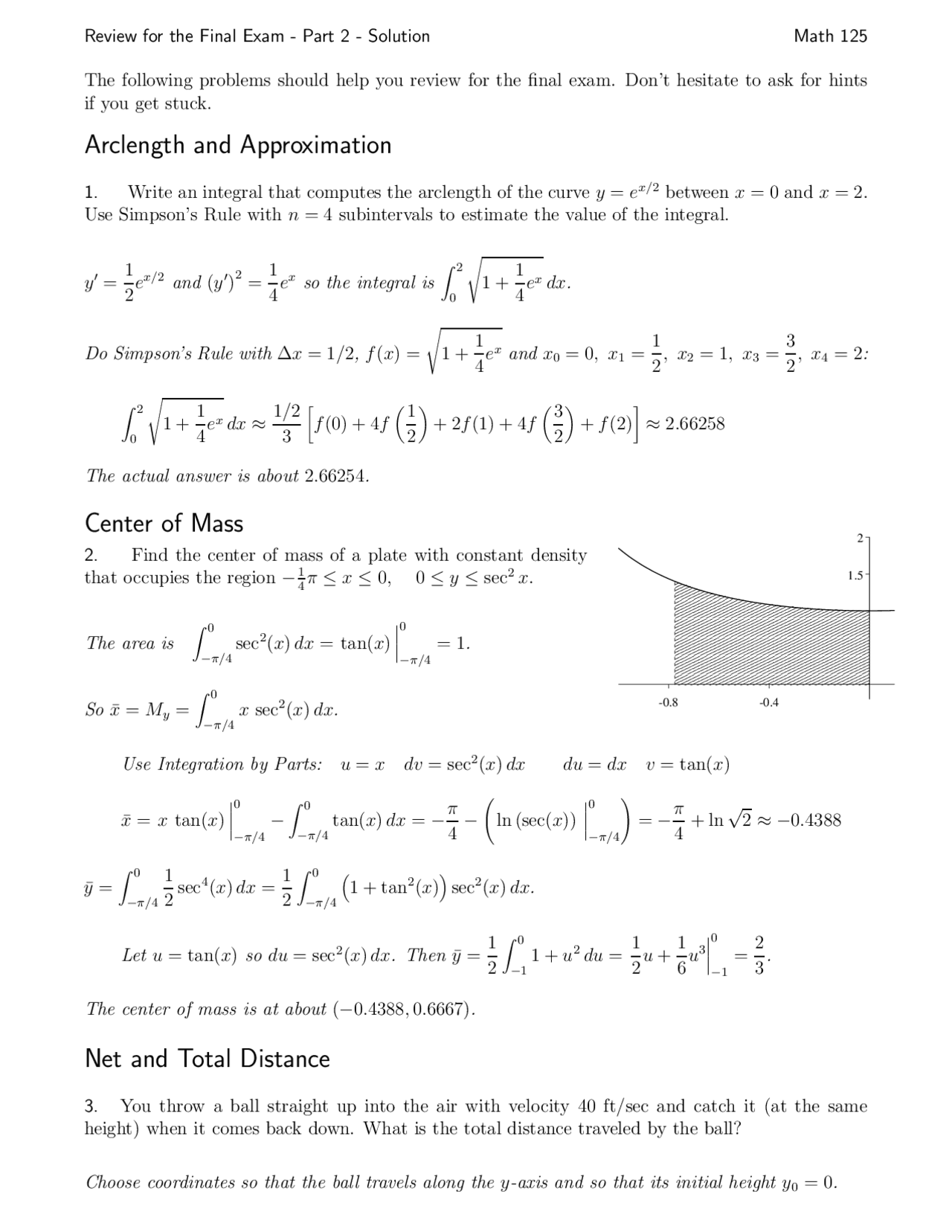 Review for the Final Exam - Part 2 - Solution Math 125 | Study notes ...