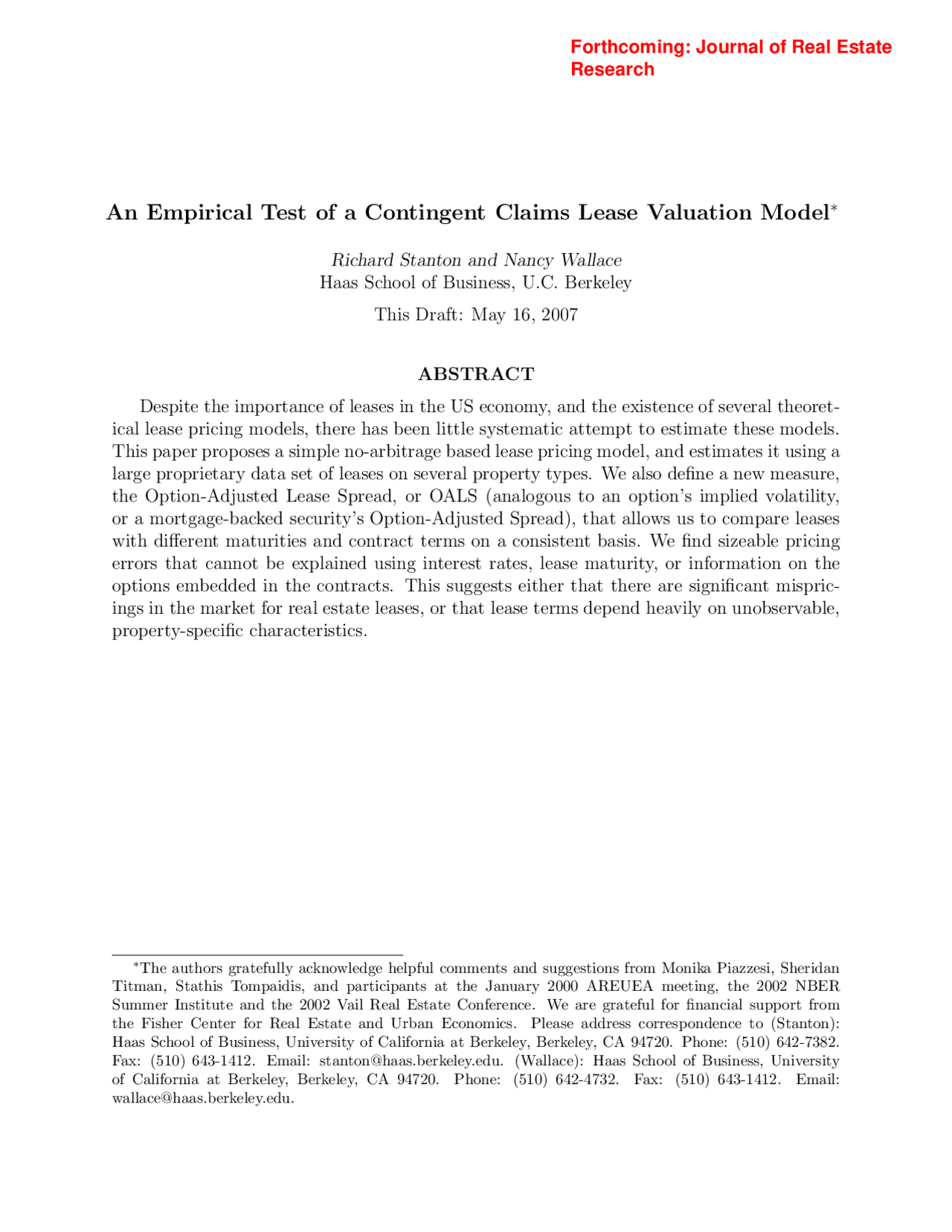 An Empirical Test of a Contingent Claims Lease Valuation ... | Study ...