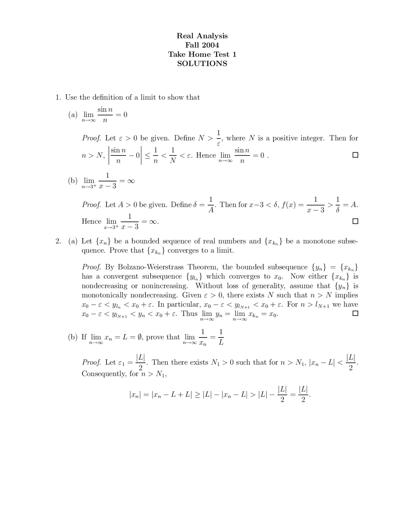 Real Analysis Take Home Test 1 Solutions | Exams Calculus | Docsity