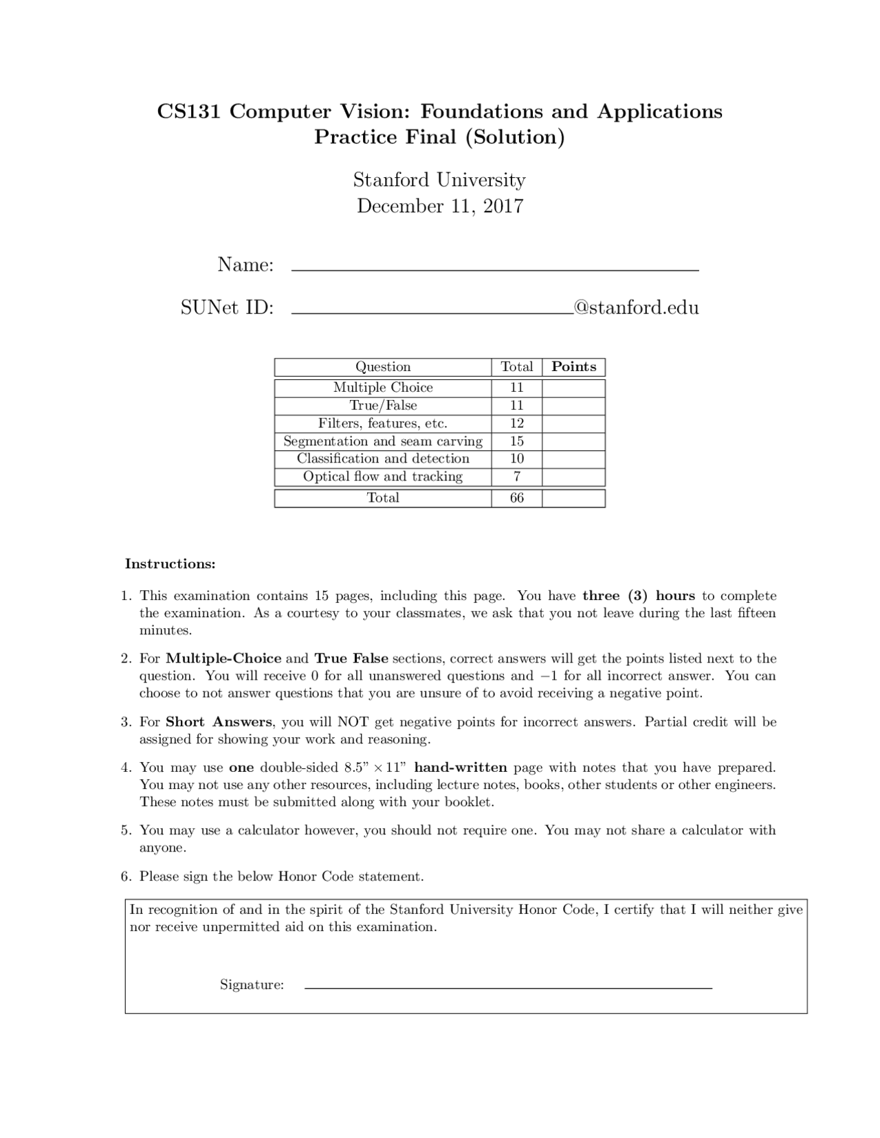 CS131 Computer Vision: Foundations and Applications Practice Final (Solution) | Exams Optics ...