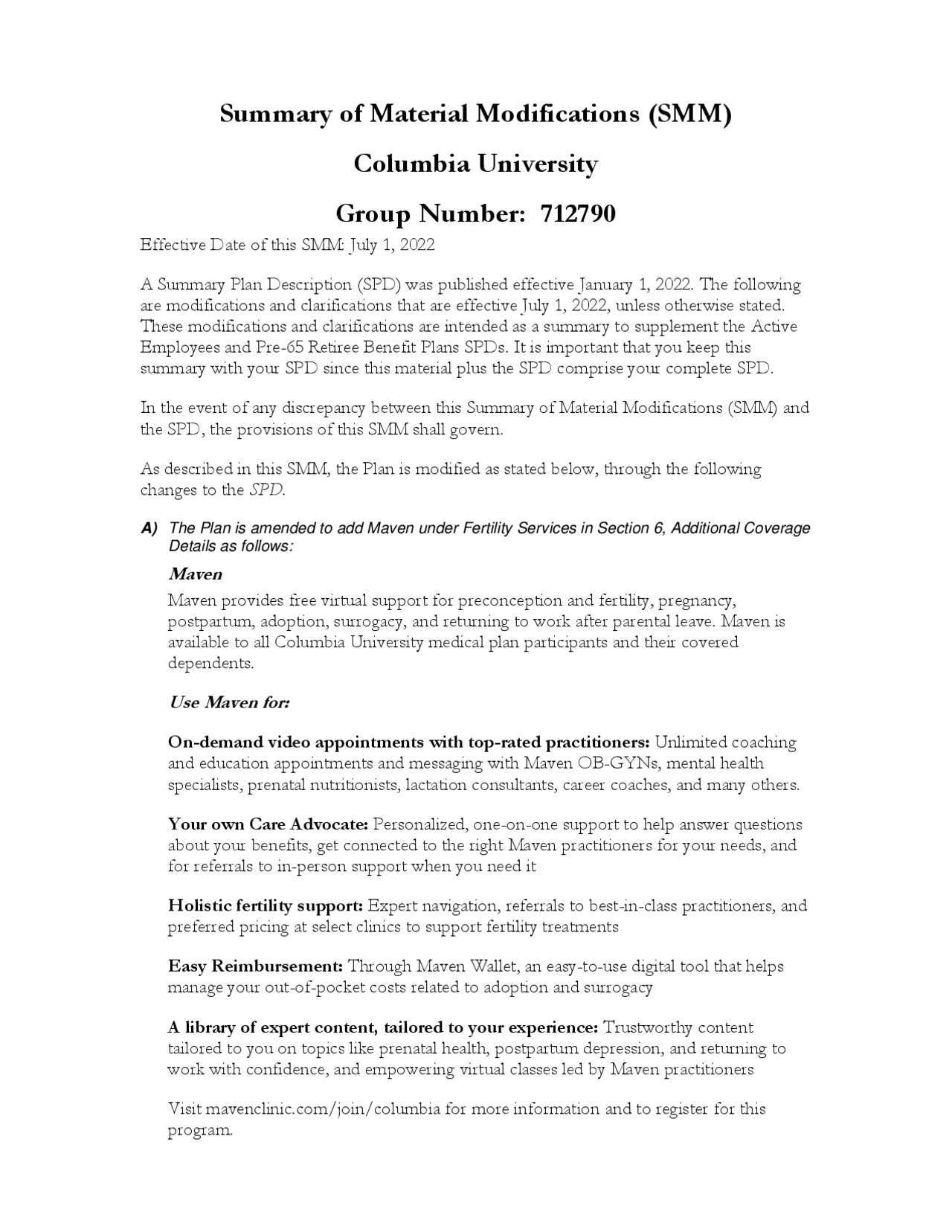 Summary of Material Modifications (SMM) for Columbia University Group ...