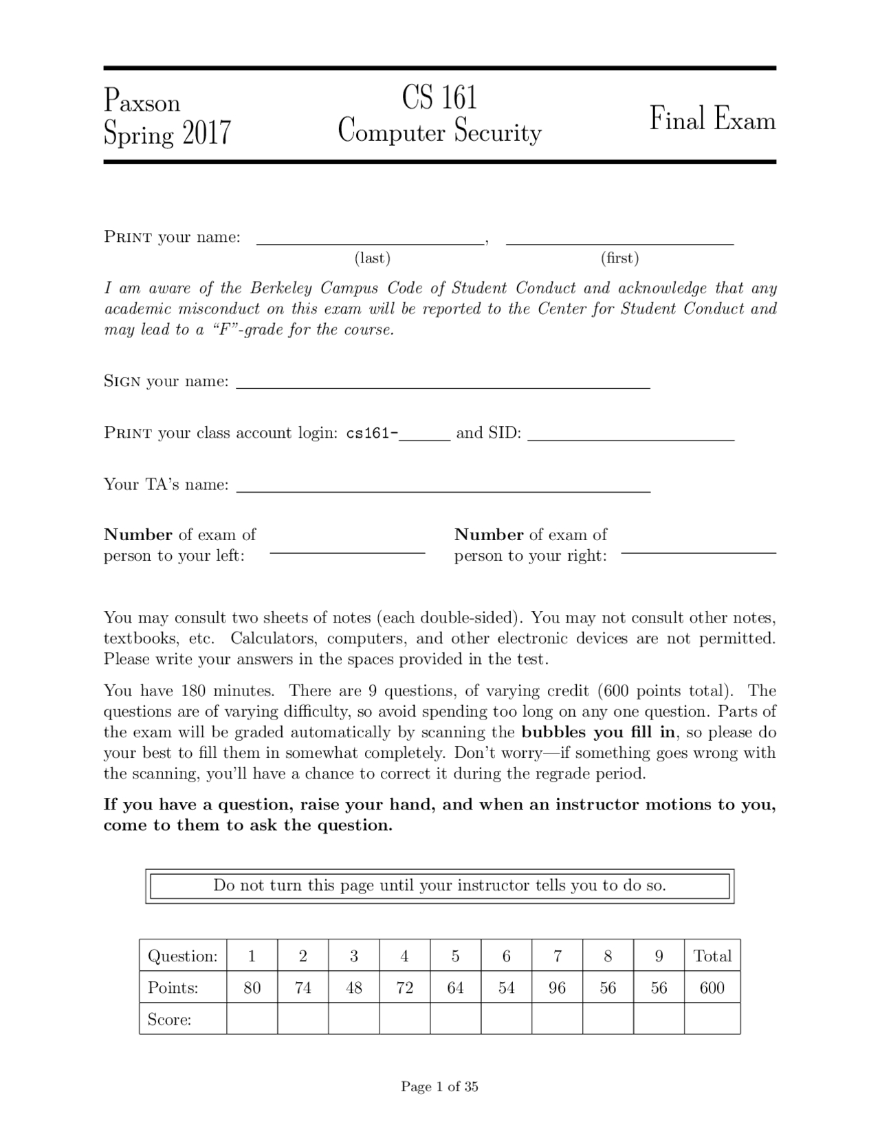 CS 161 Final Exam Spring 2017 | Exams Computer Networks | Docsity