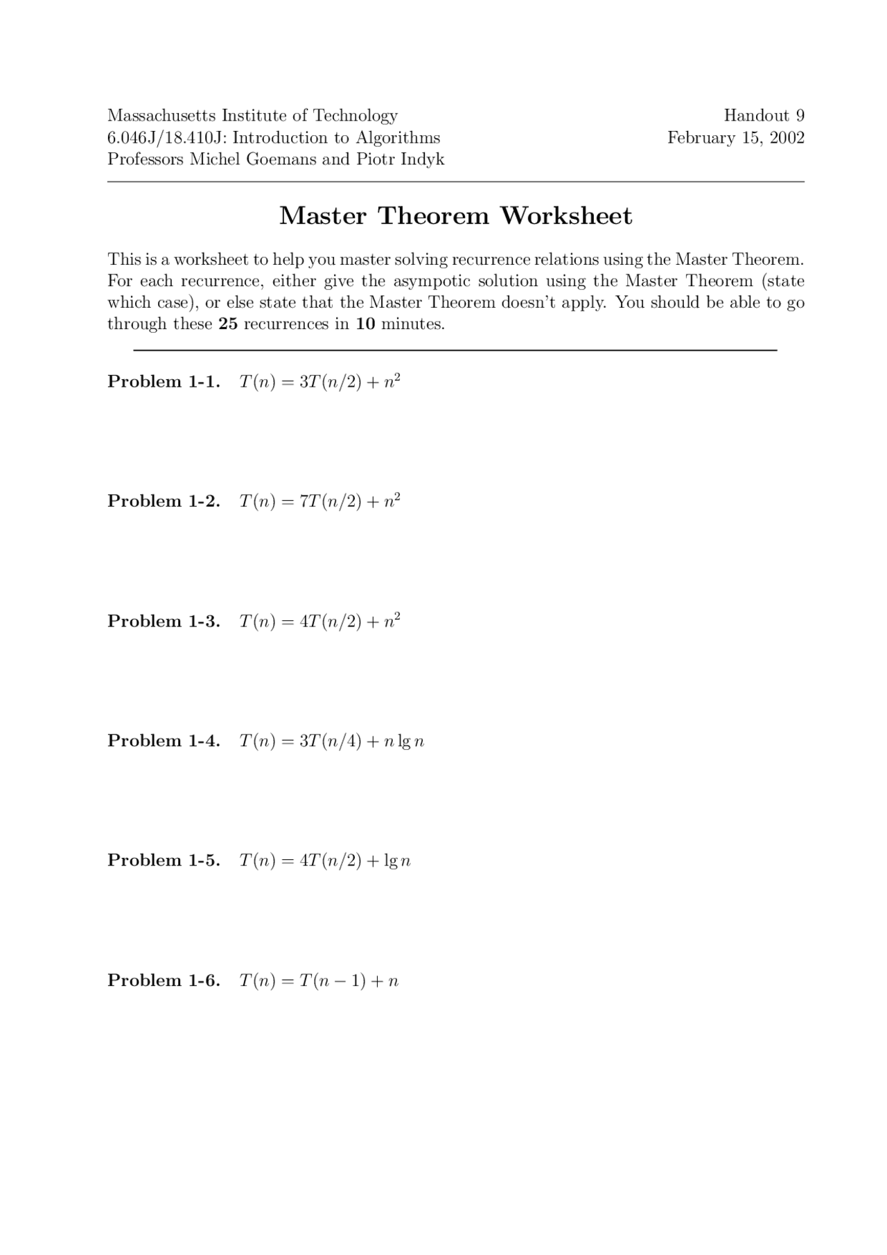 Master Theorem Worksheet | Slides Algorithms and Programming | Docsity