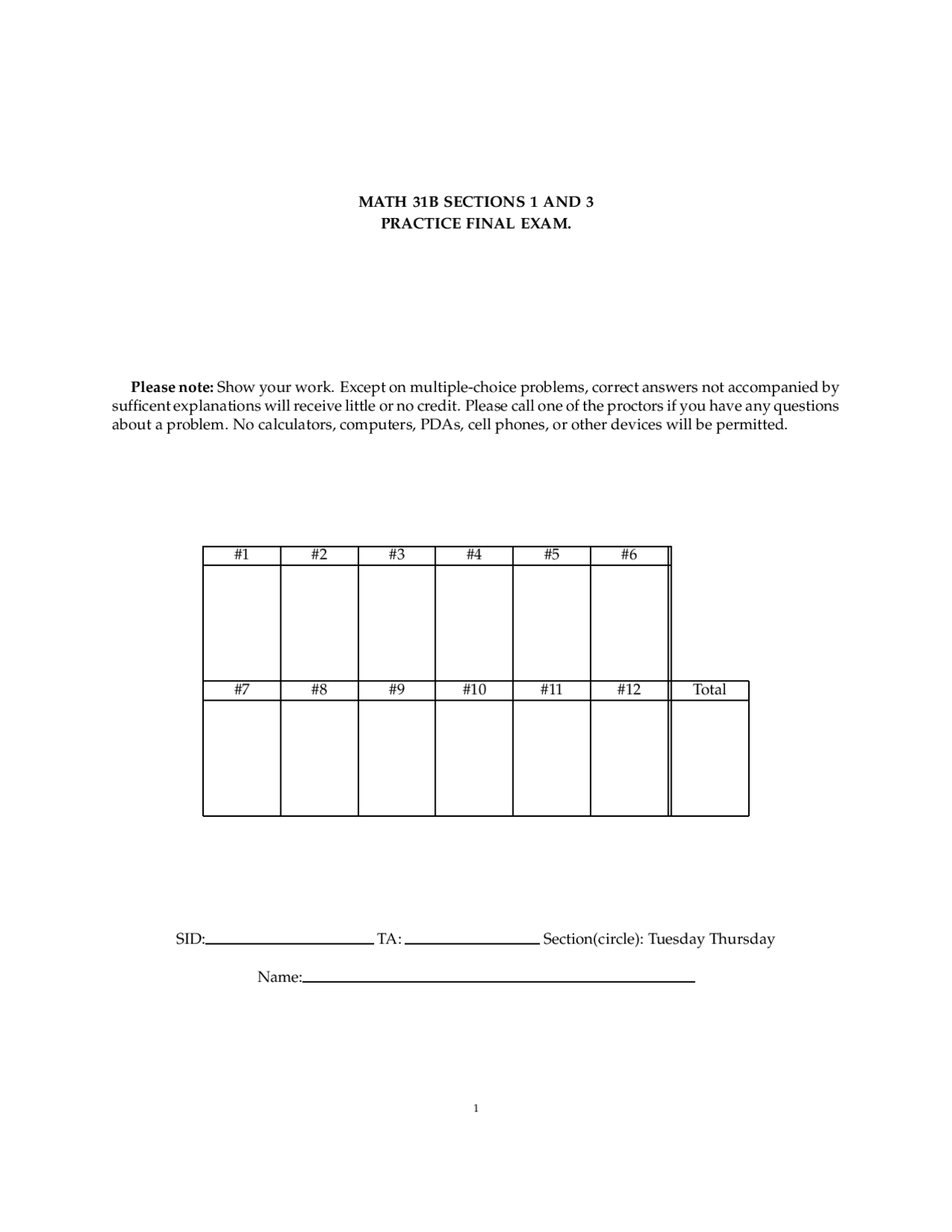 Math 31b sections 1 and 3 practice final exam. | Exercises Number ...